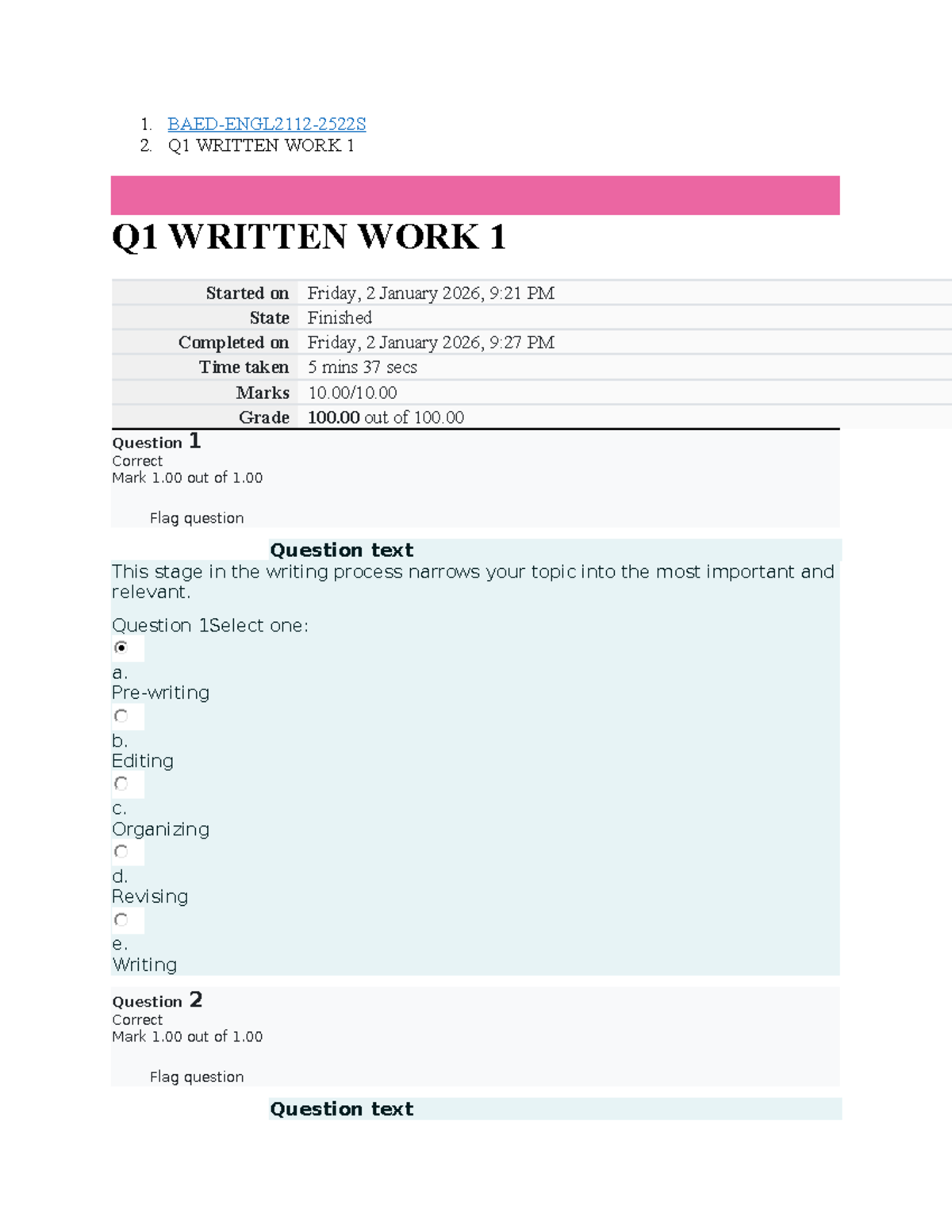 Q1 Written Work 1: Stages of the Writing Process Explained - Studocu
