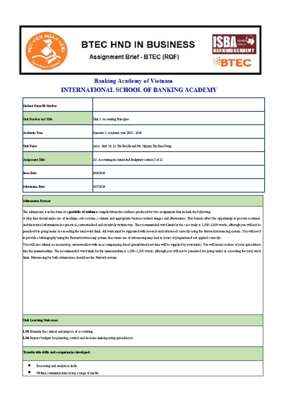AP A1 - Merit - Student Name/ID Number Unit Number and Title Unit 5: Accounting Principles ...
