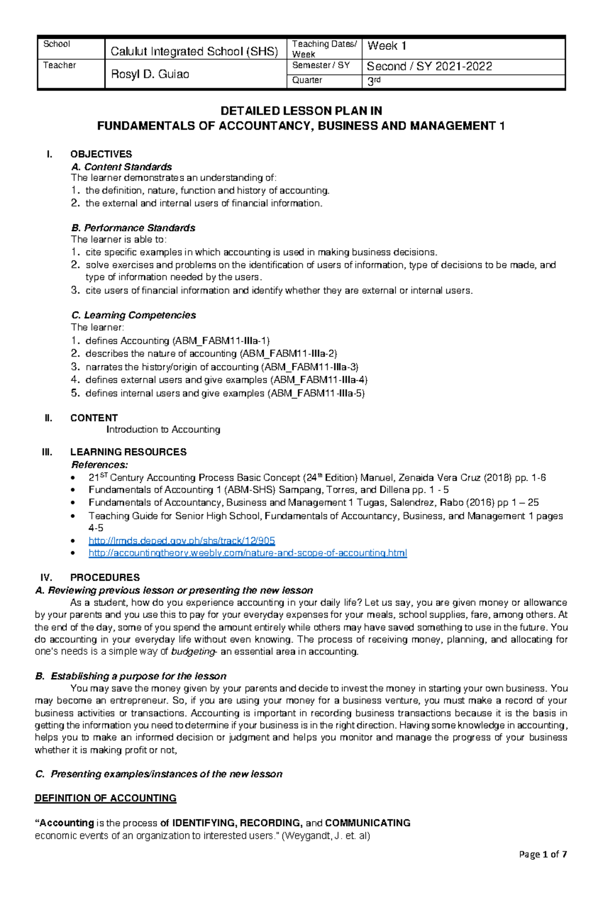 FABM1 Q3Wk1 Detailed Lesson Plan: Introduction to Accounting - Studocu