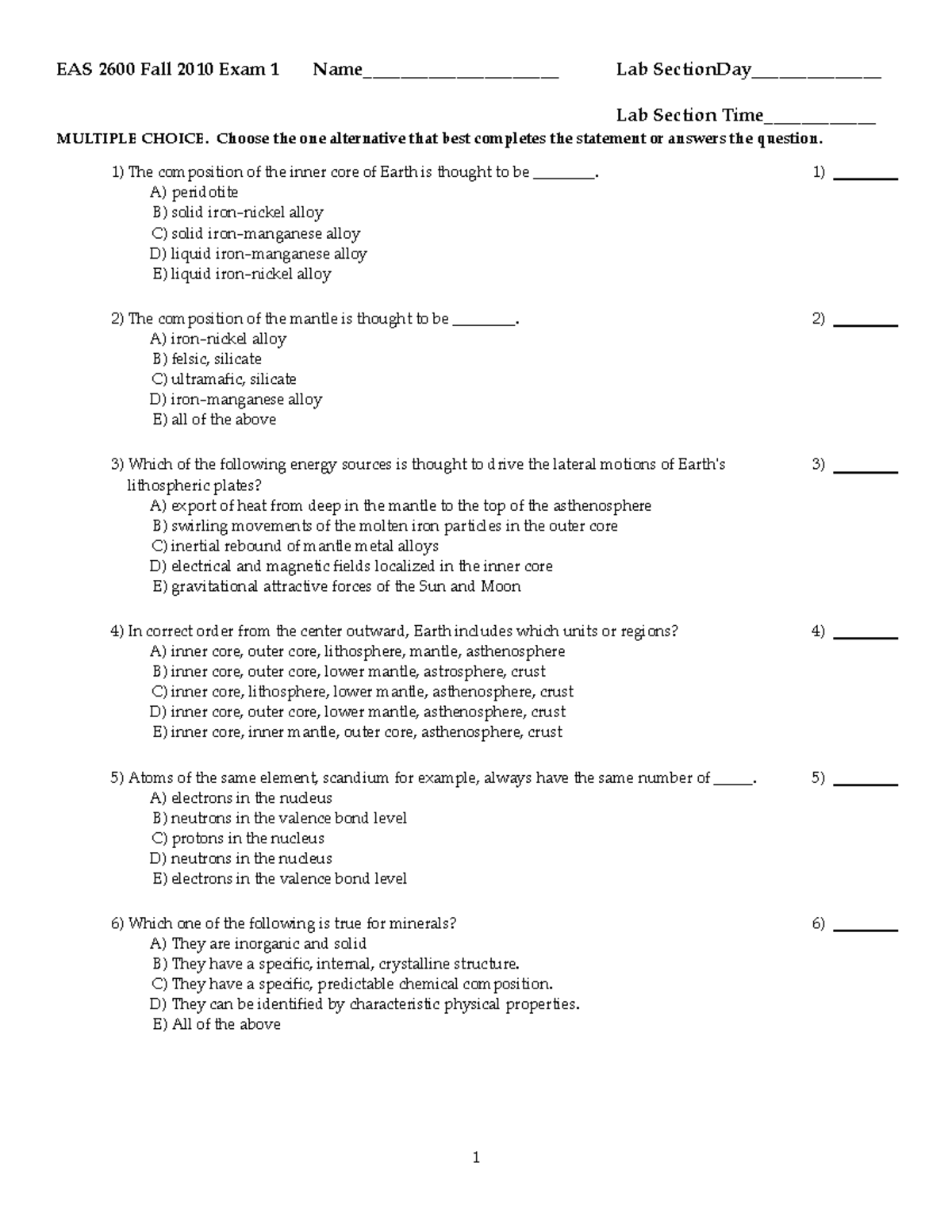 Fall 2010 Exam 1 - Exam Solutions - EAS 2600 Fall 2010 Exam 1 Name ...