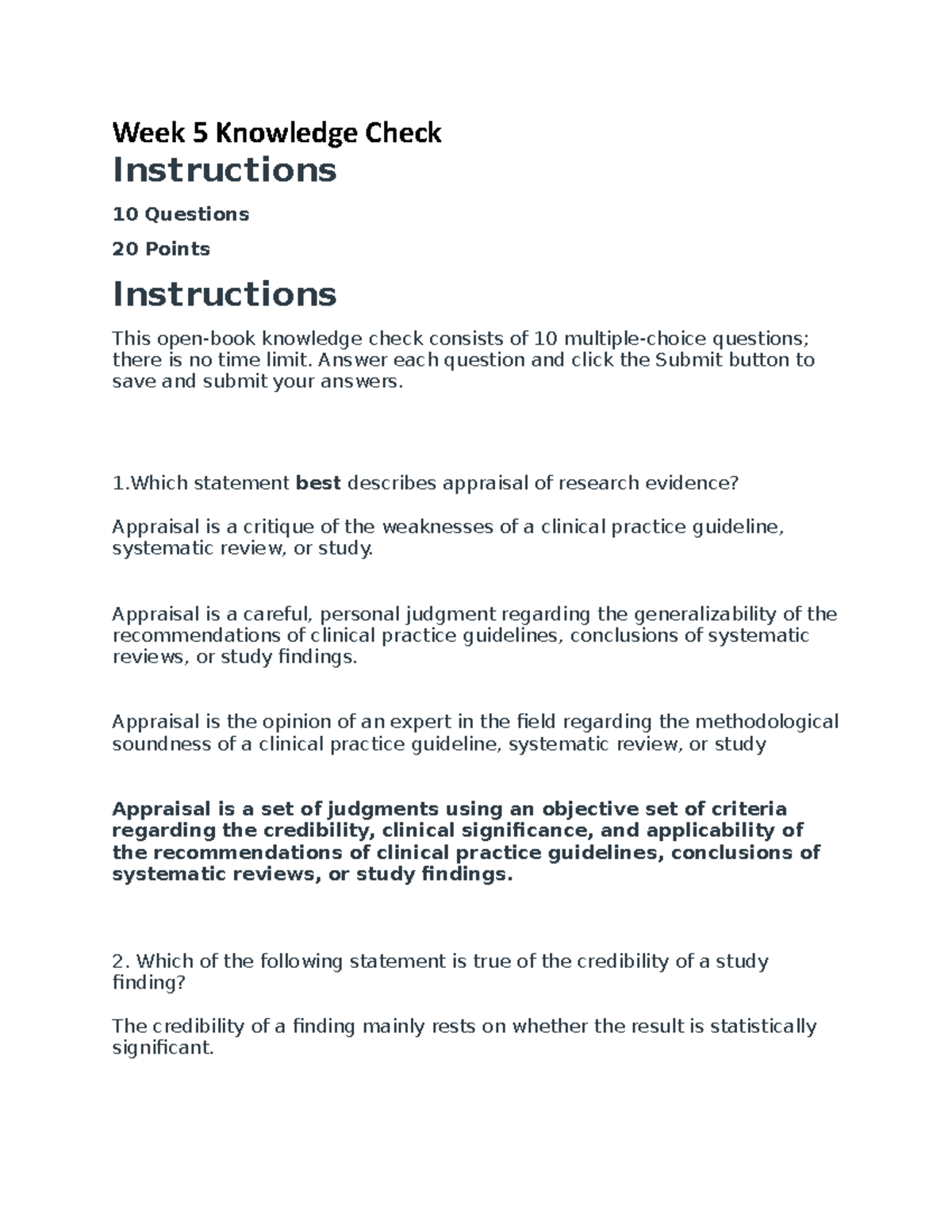 Week 5 N350 Knowledge Check - Week 5 Knowledge Check Instructions 10 ...