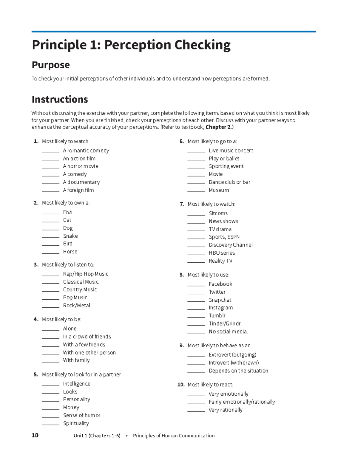Principle 1: Perception Checking Worksheet for Human Comm. - Studocu