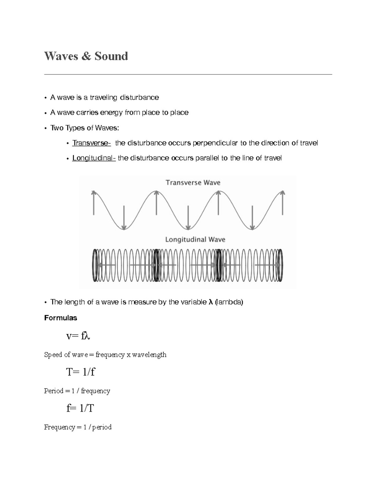 Waves & Sound Notes: Overview of Key Concepts & Formulas - Studocu