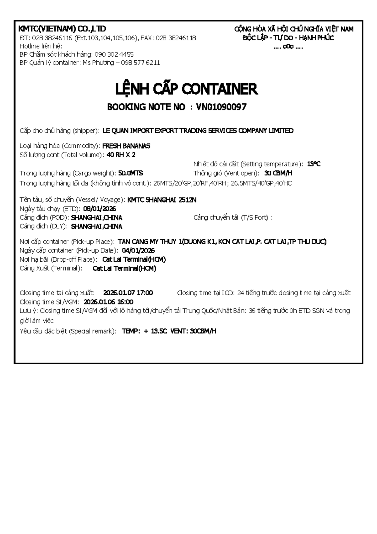 Container Booking Note VN01090097 - KMTC Vietnam - Studocu