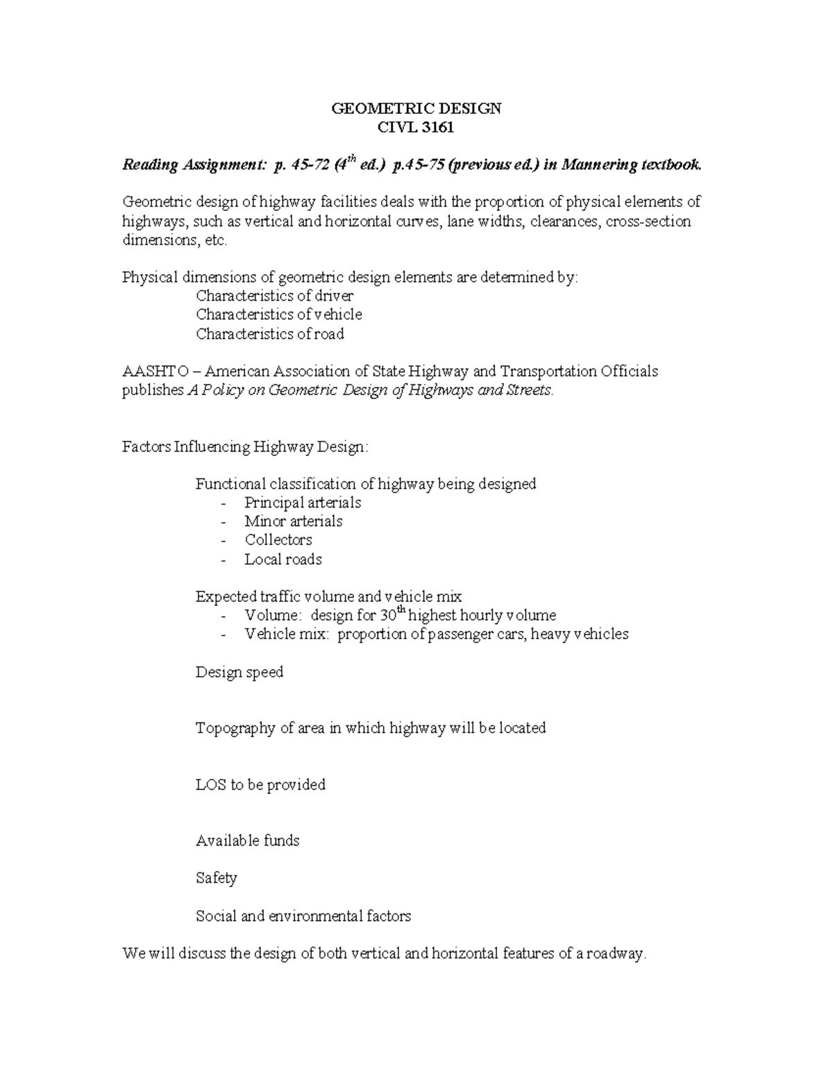 Geometric Design of Highways: CIVL 3161 Reading Assignment Insights ...