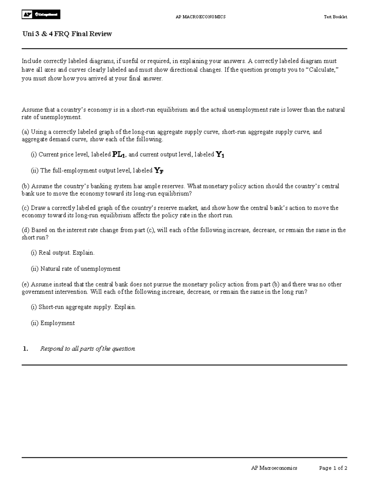 AP MACROECONOMICS Units 3 & 4 FRQ Final Review with Diagrams - Studocu