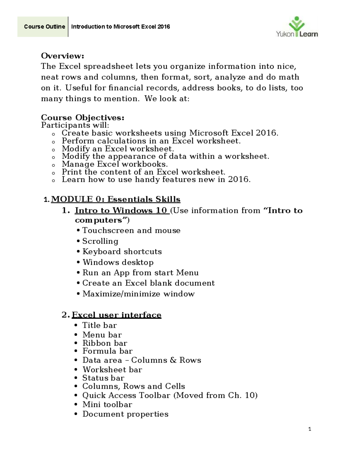 Course Outline: Intro to MS Excel 2016 - Key Skills & Features - Studocu