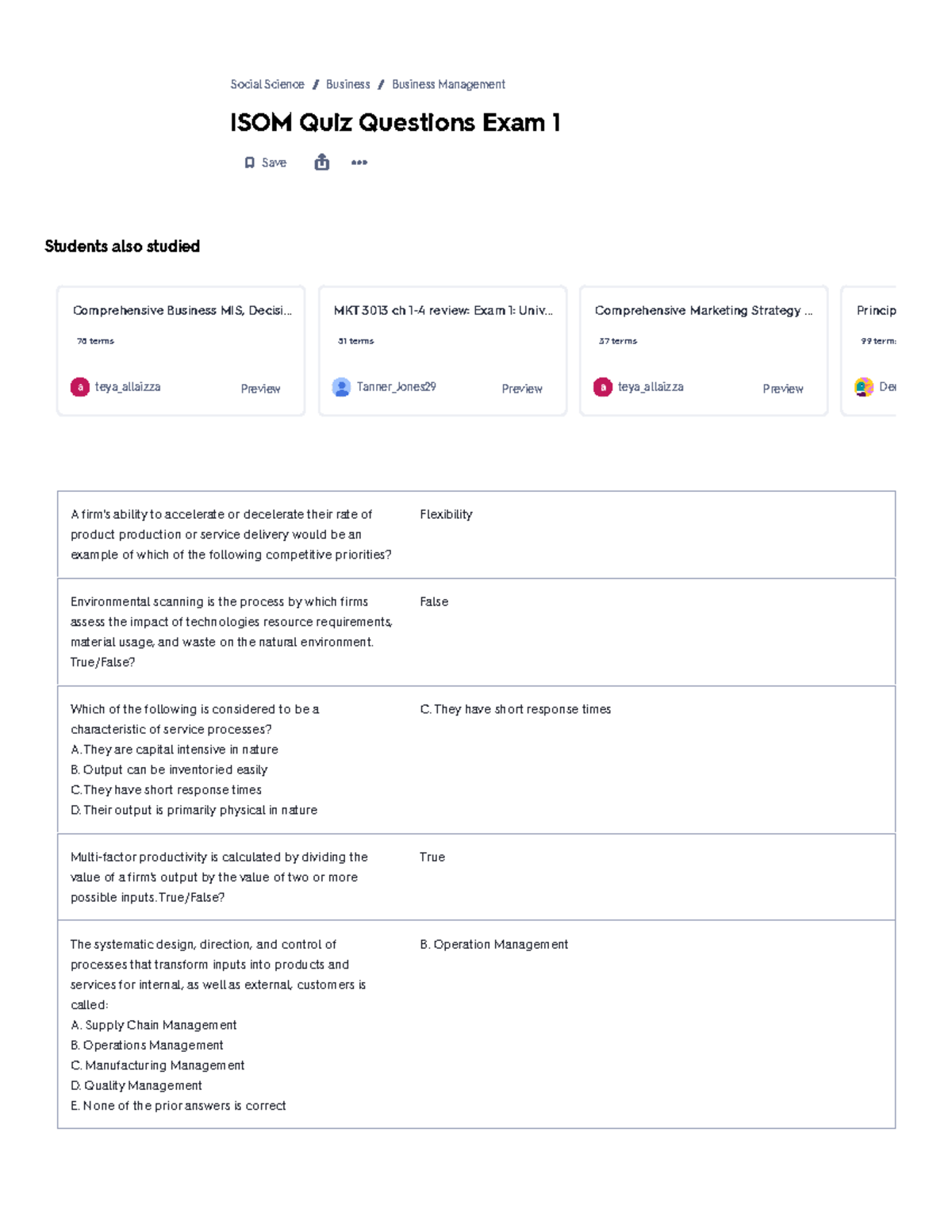 ISOM 101 Quiz Questions: Business Management Exam 1 Review - Studocu
