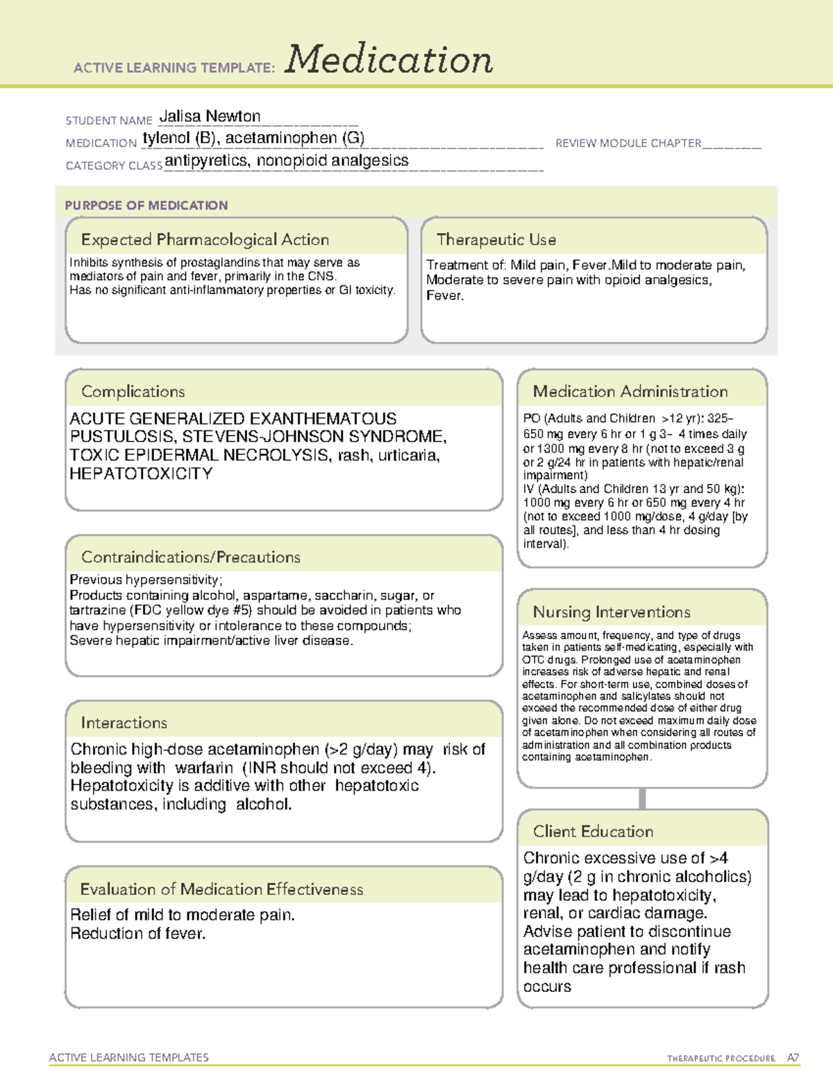 Tylenol - Drug card - ACTIVE LEARNING TEMPLATES TherapeuTic procedure A ...
