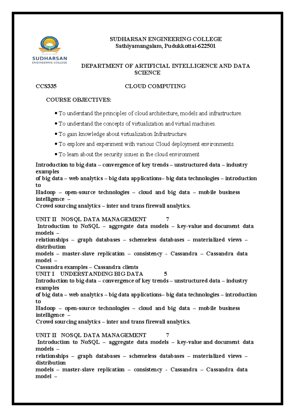 Cloud Computing Syllabus - CCS335: Big Data & Virtualization Concepts - Studocu