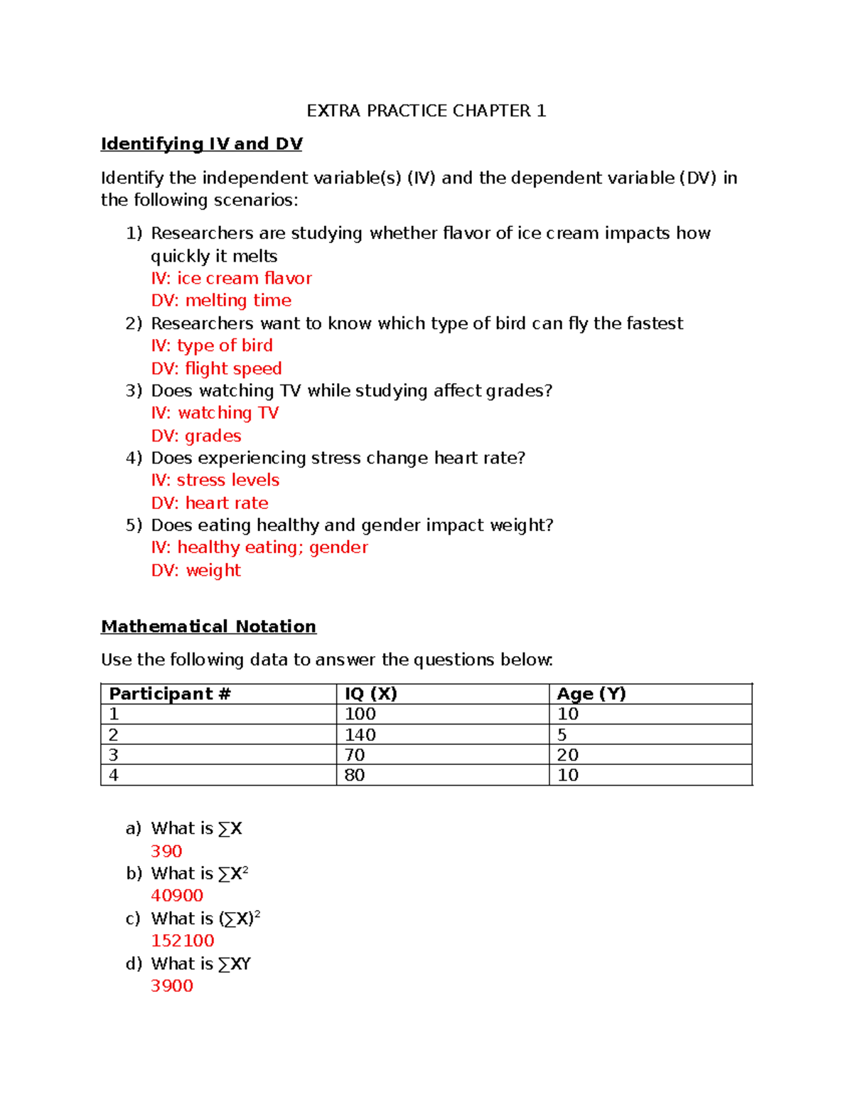 EXTRA PRACTICE CHAPTER 1: Identifying IV and DV Key - Studocu