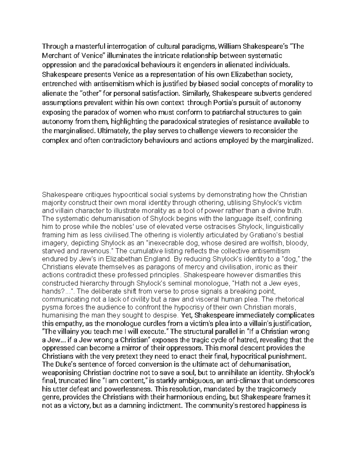 TMOV HSC Draft - Merchant of Venice Common Module Essay 20/20 - Studocu