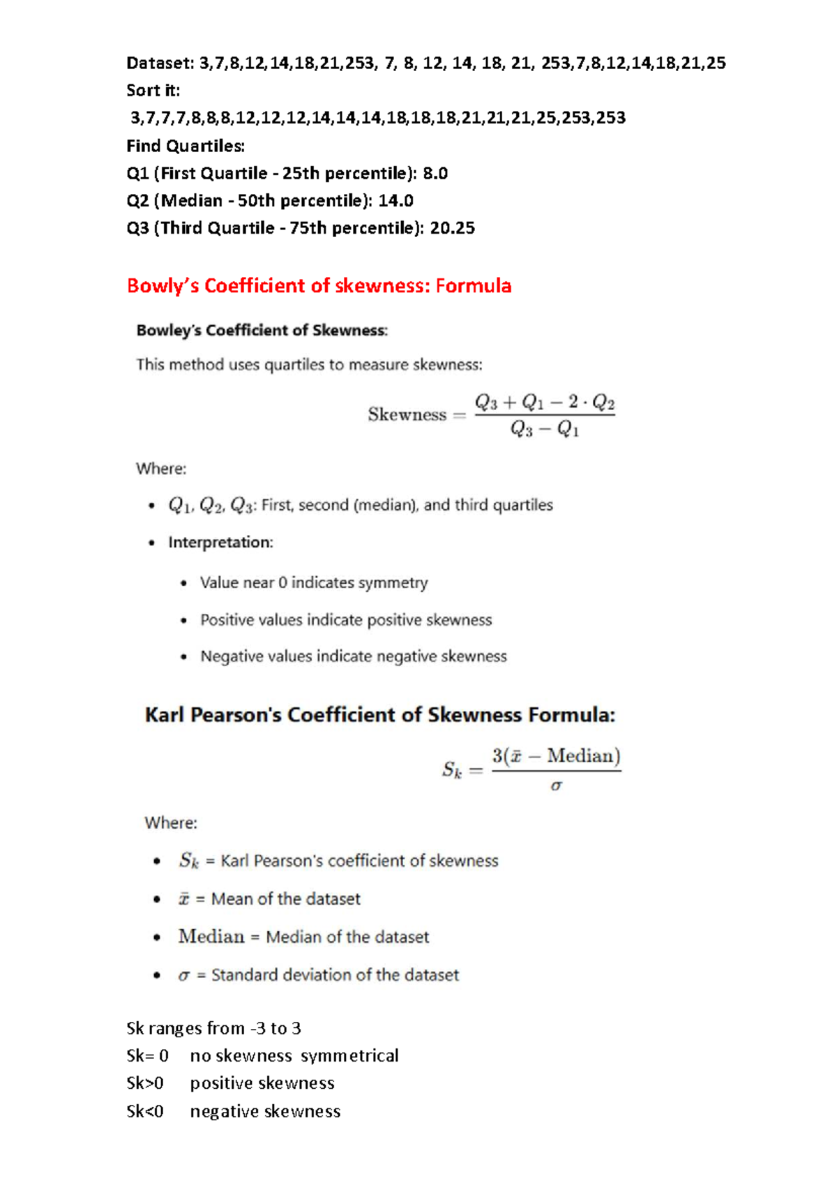 ADS Numerical Analysis: Dataset Sorting, Quartiles & Skewness - Studocu