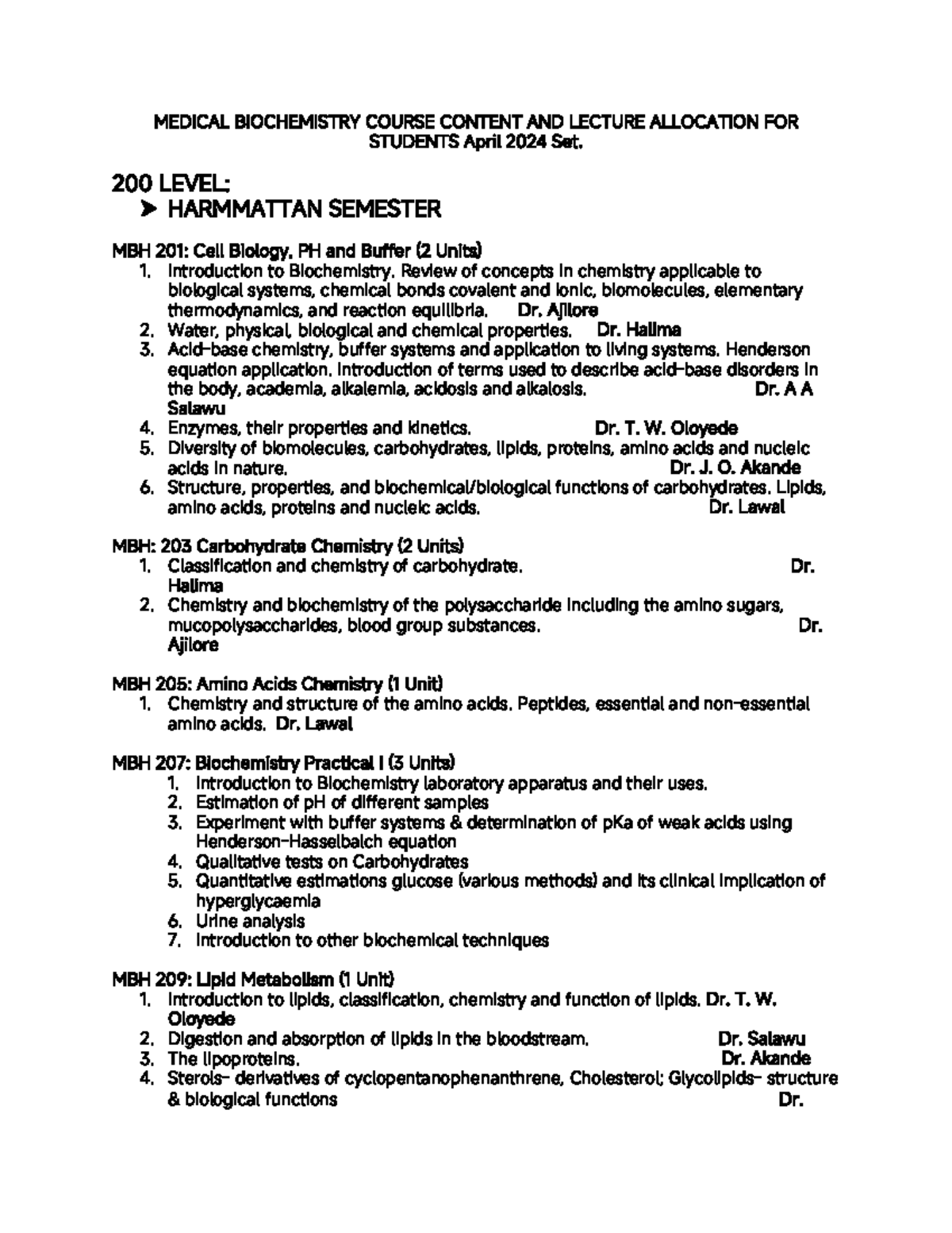 Medical Biochemistry Course Content & Lecture Allocation MBH 201-208 ...