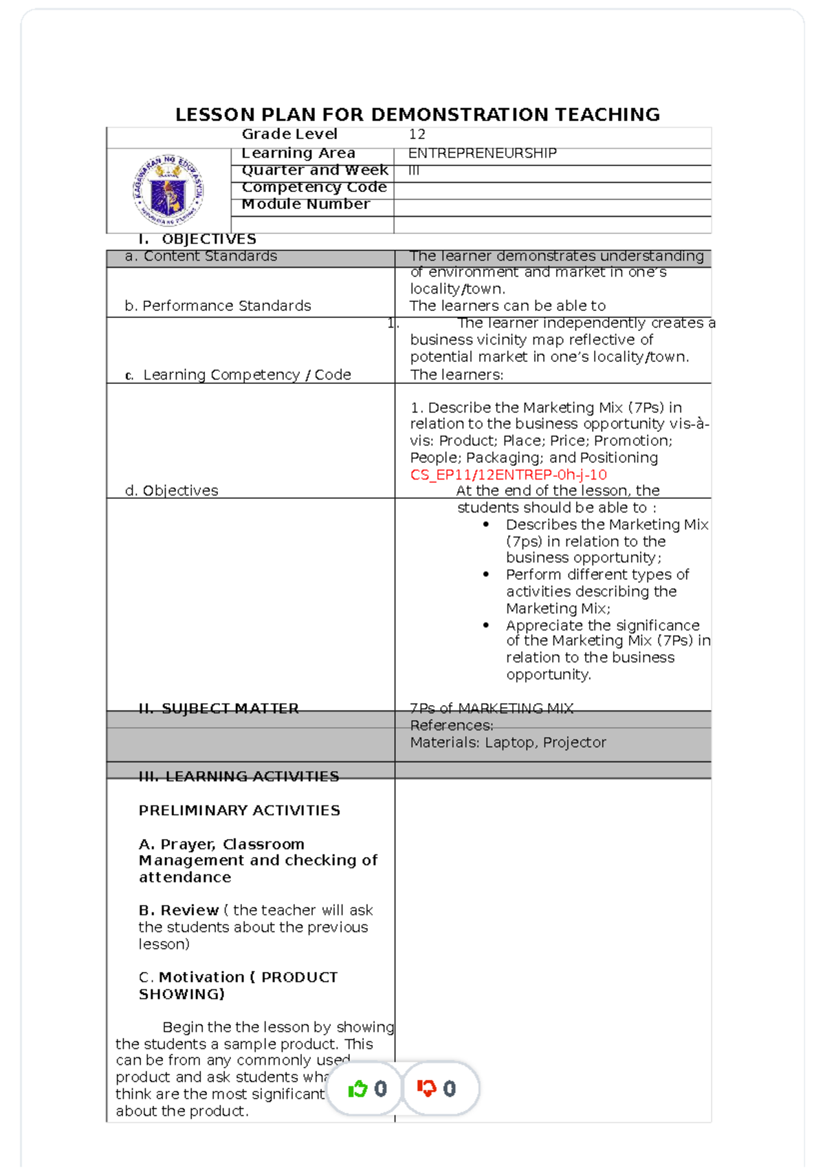 7Ps of Marketing - Entrepreneurship Lesson Plan for Grade 12 - Studocu