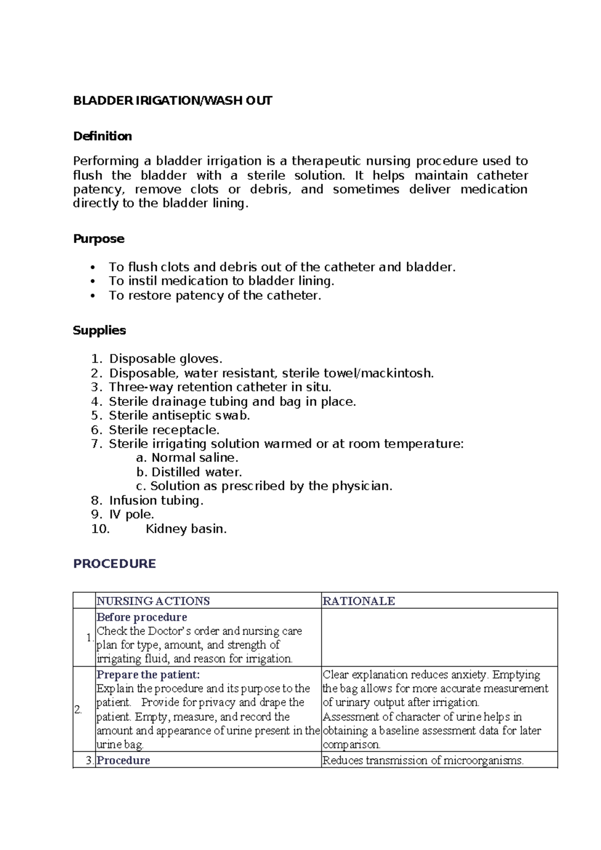 BLADDER IRRIGATION Procedure Notes for Nursing Care - Studocu