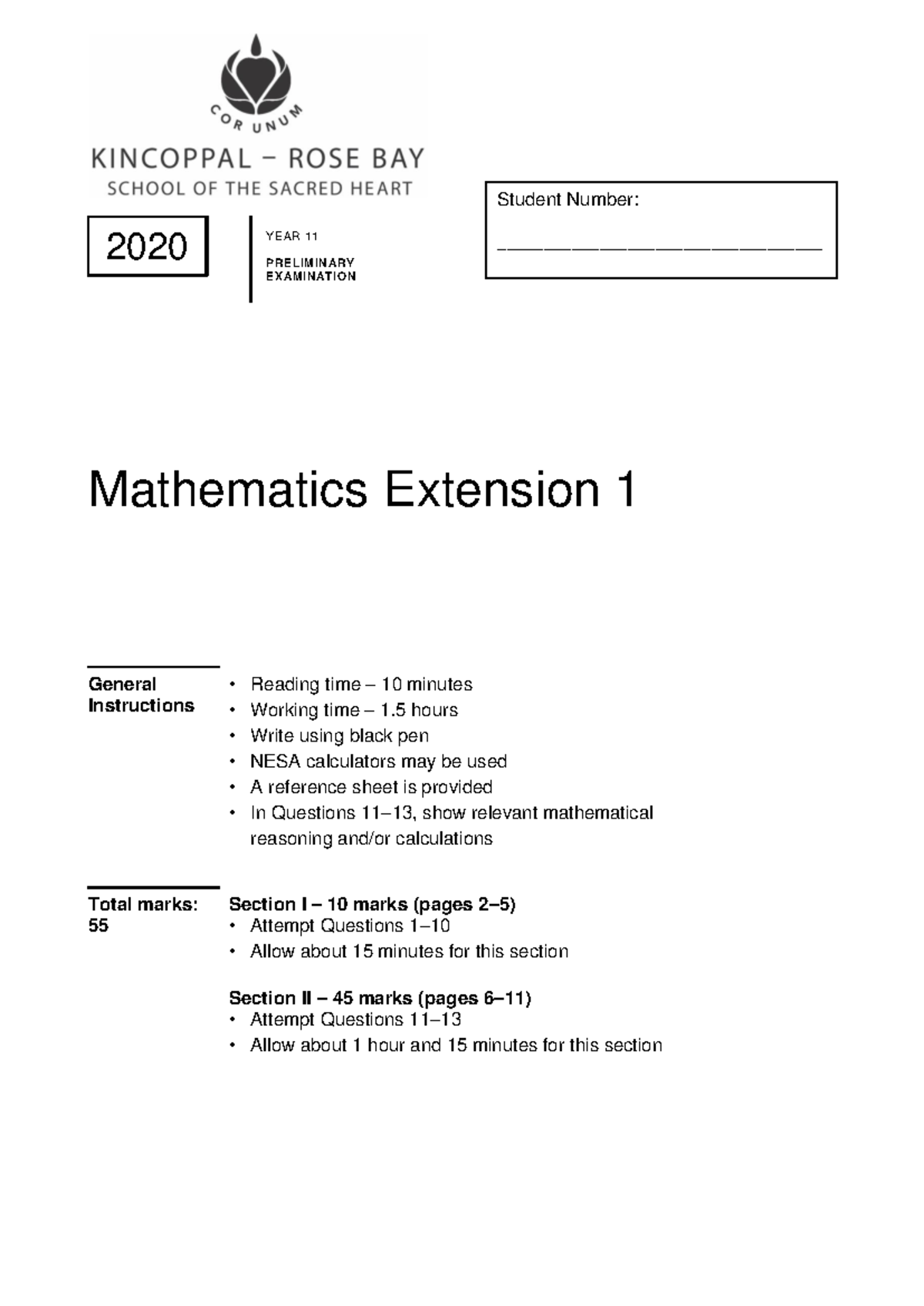 2020 Year 11 Mathematics Extension 1 Preliminary Exam - Studocu
