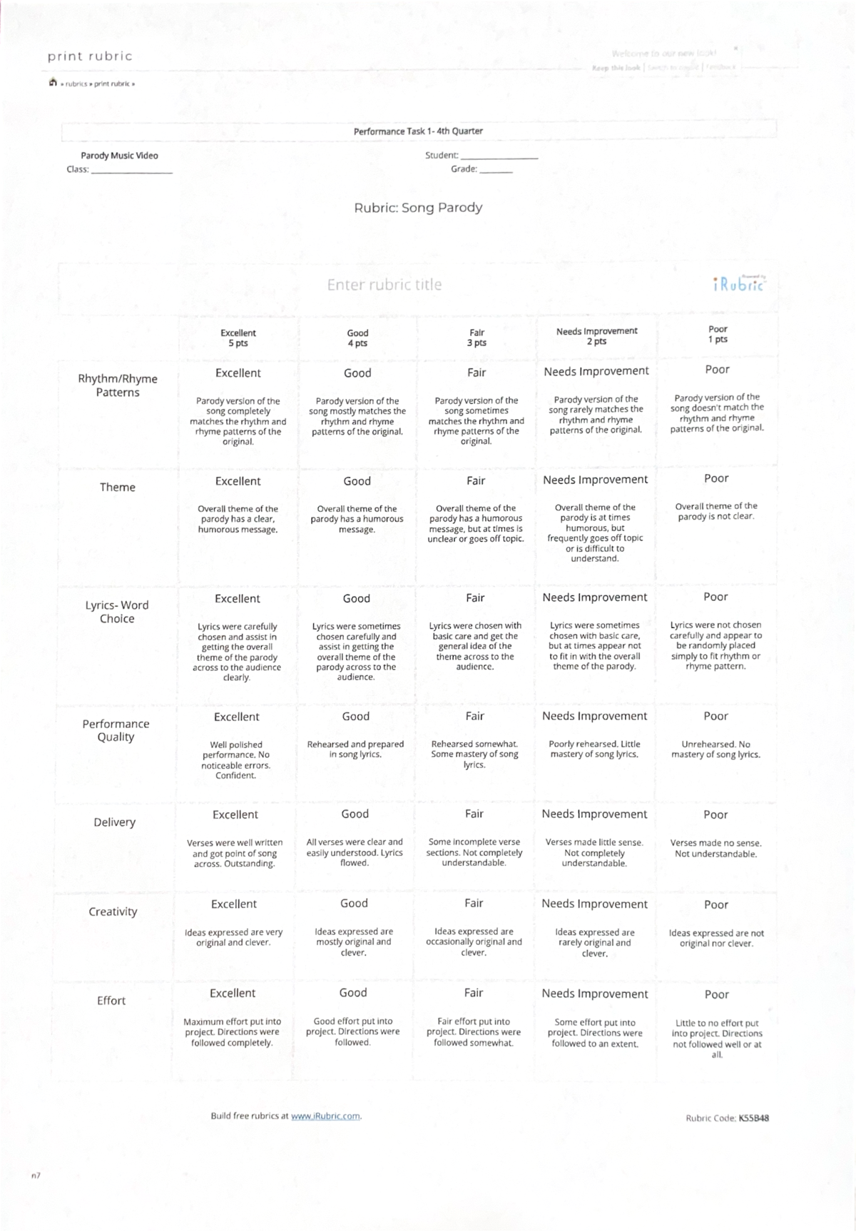 Performance Task Rubric for Song Parody (Rubric Code: K55848 n7) - Studocu