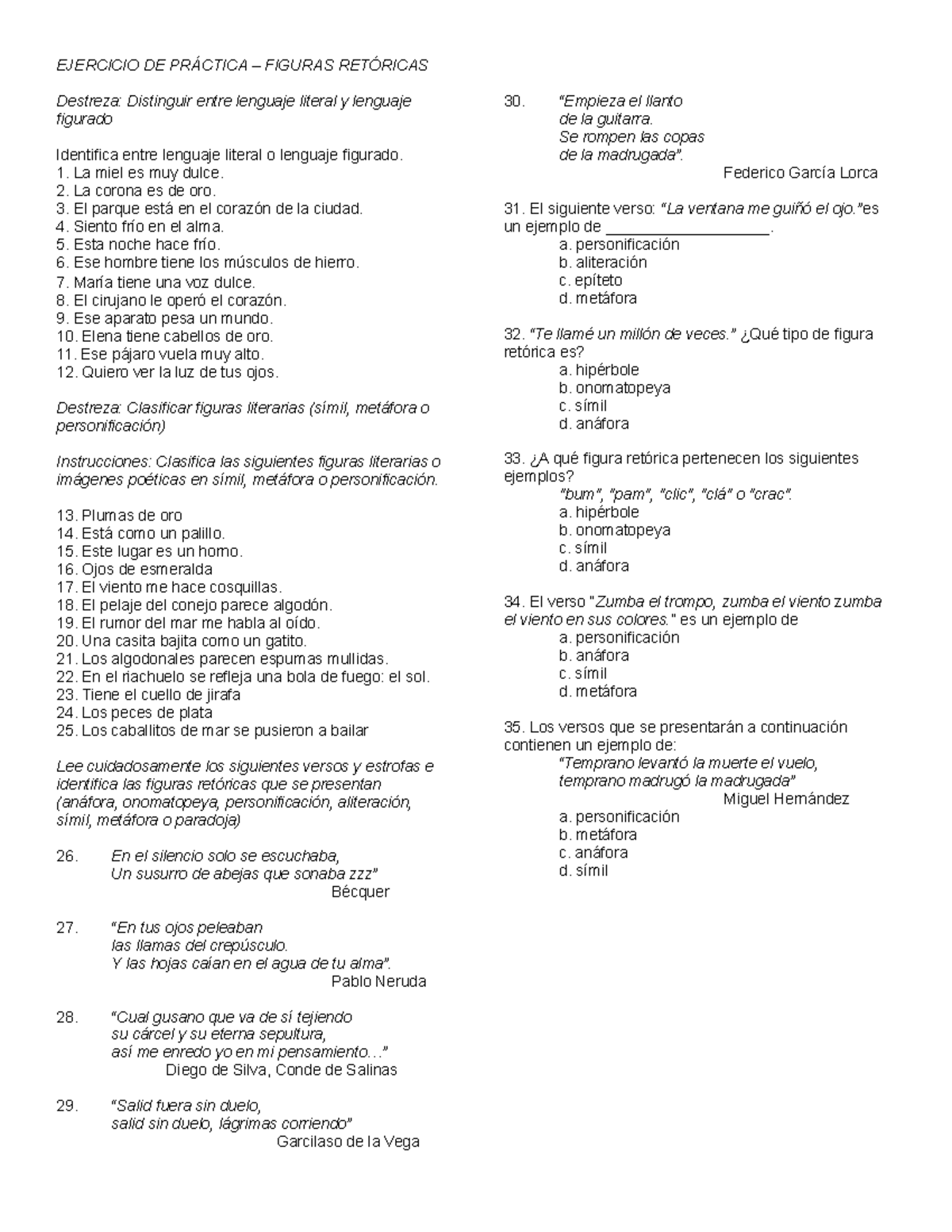 EJERCICIO DE PRÁCTICA: FIGURAS RETÓRICAS Y LENGUAJE FIGURADO - Studocu