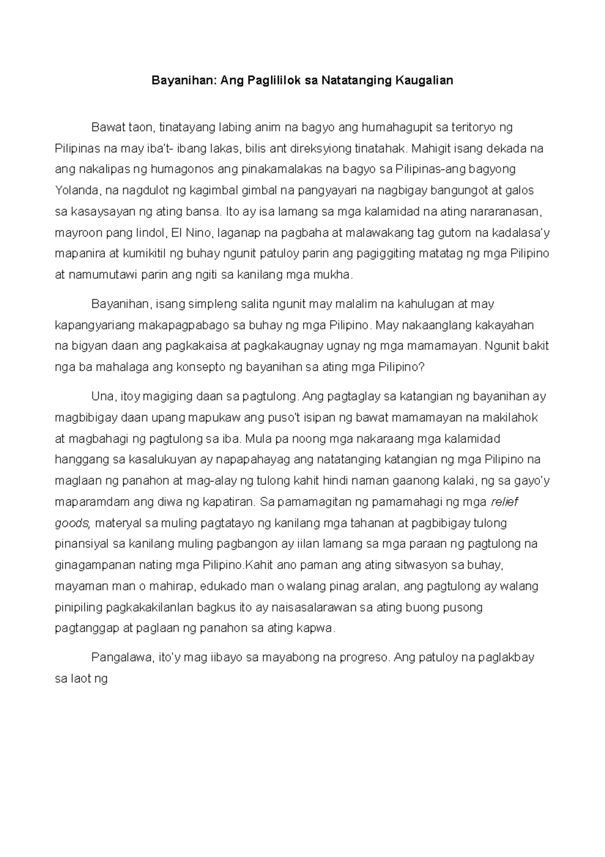 Bayanihan: Isang Sanaysay sa Kahalagahan ng Pagkakaisa - Studocu