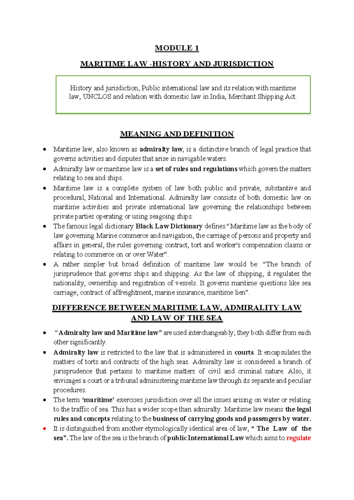 Module 1 - Maritime Law: History, Jurisdiction, and Key Concepts - Studocu
