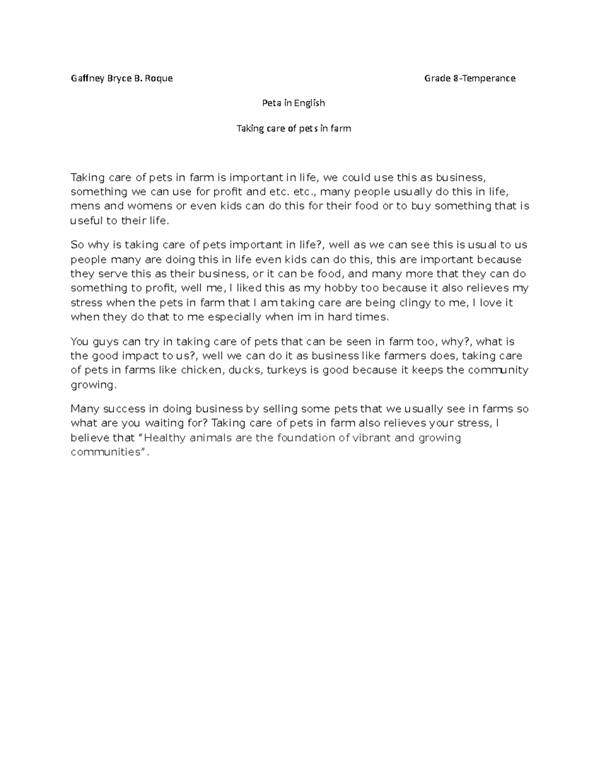 Grade 8 English - Peta: The Importance of Farm Pet Care - Studocu