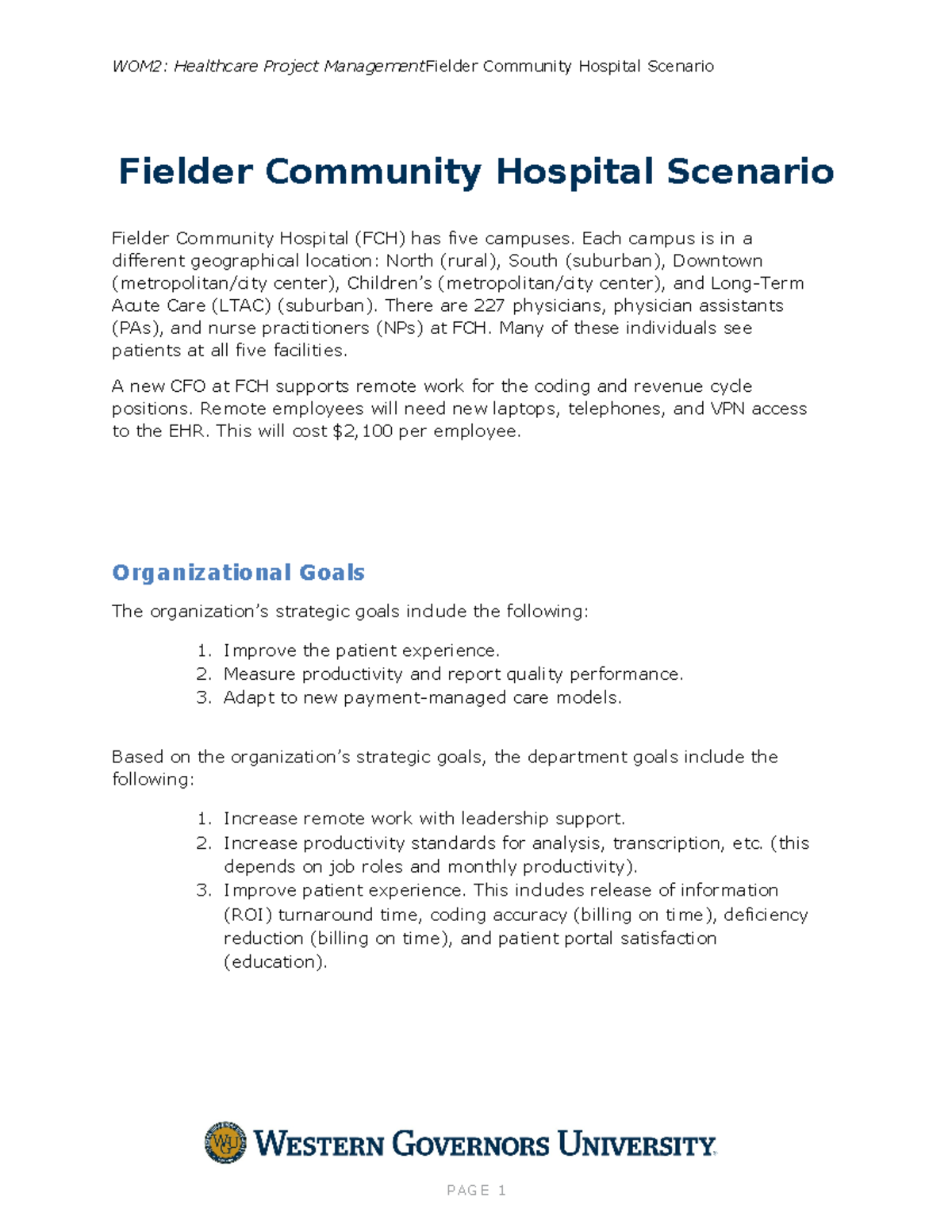 WOM2: Healthcare Project Management - Fielder Community Hospital Case ...