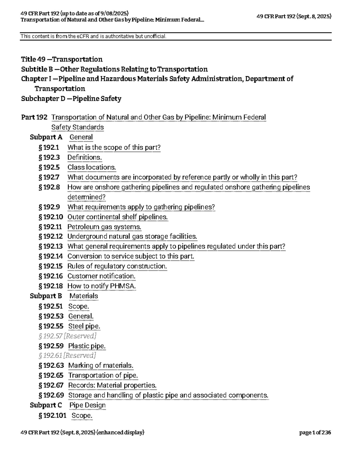 49 CFR Part 192: Federal Safety Standards for Gas Pipelines (2025 ...