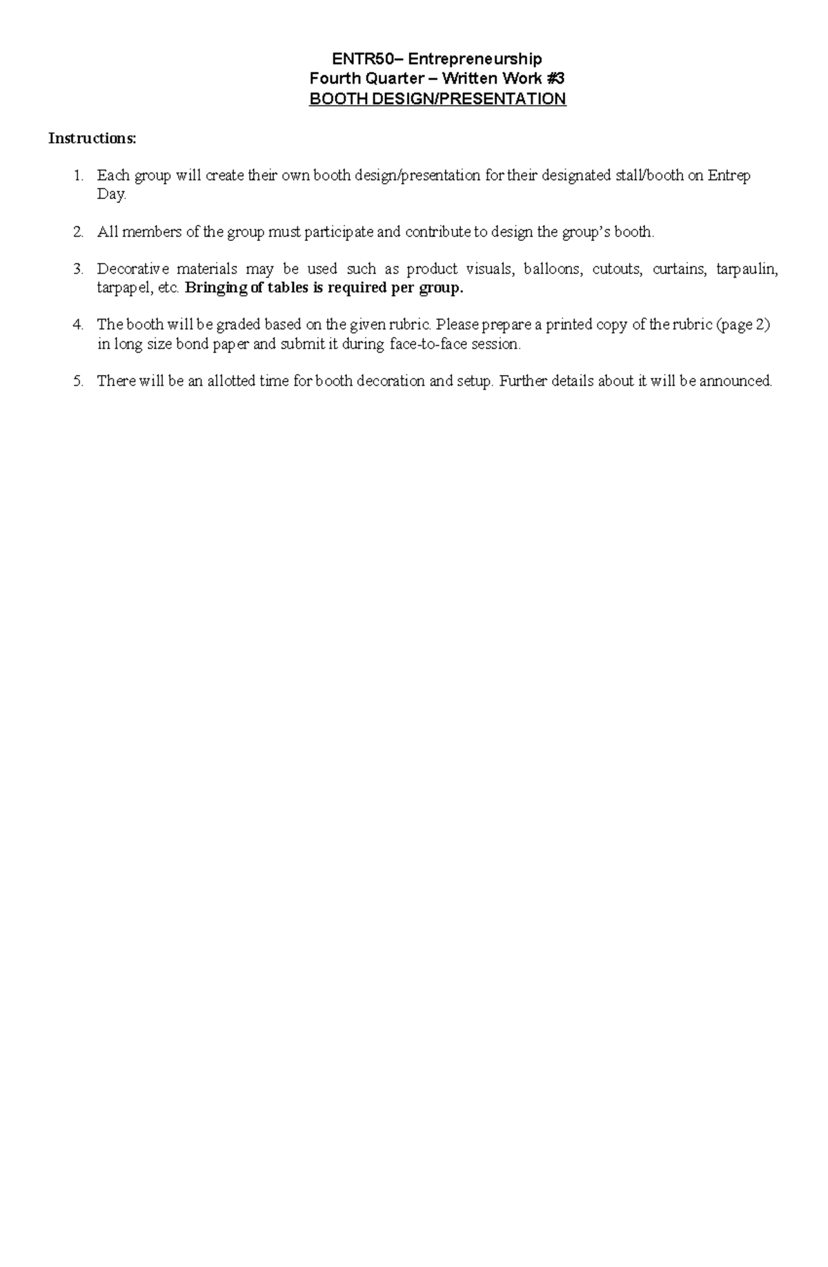 Q4 BOOTH Design & Presentation Guidelines for Entrepreneurship - Studocu