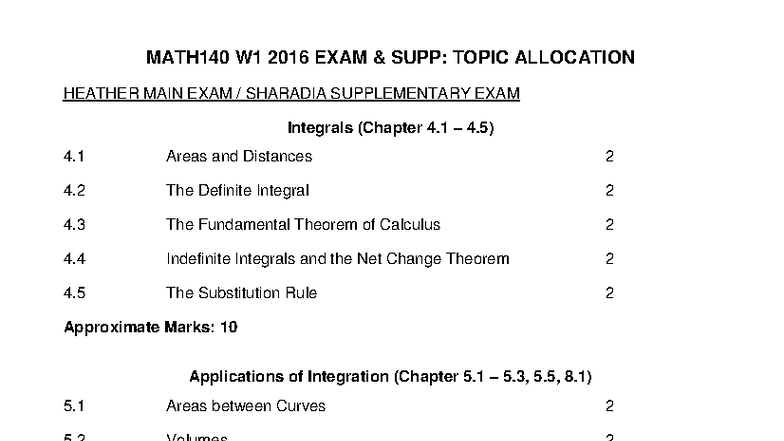 MATH140 W1 2016 Final Exam Layout: Integrals & Applications - Studocu