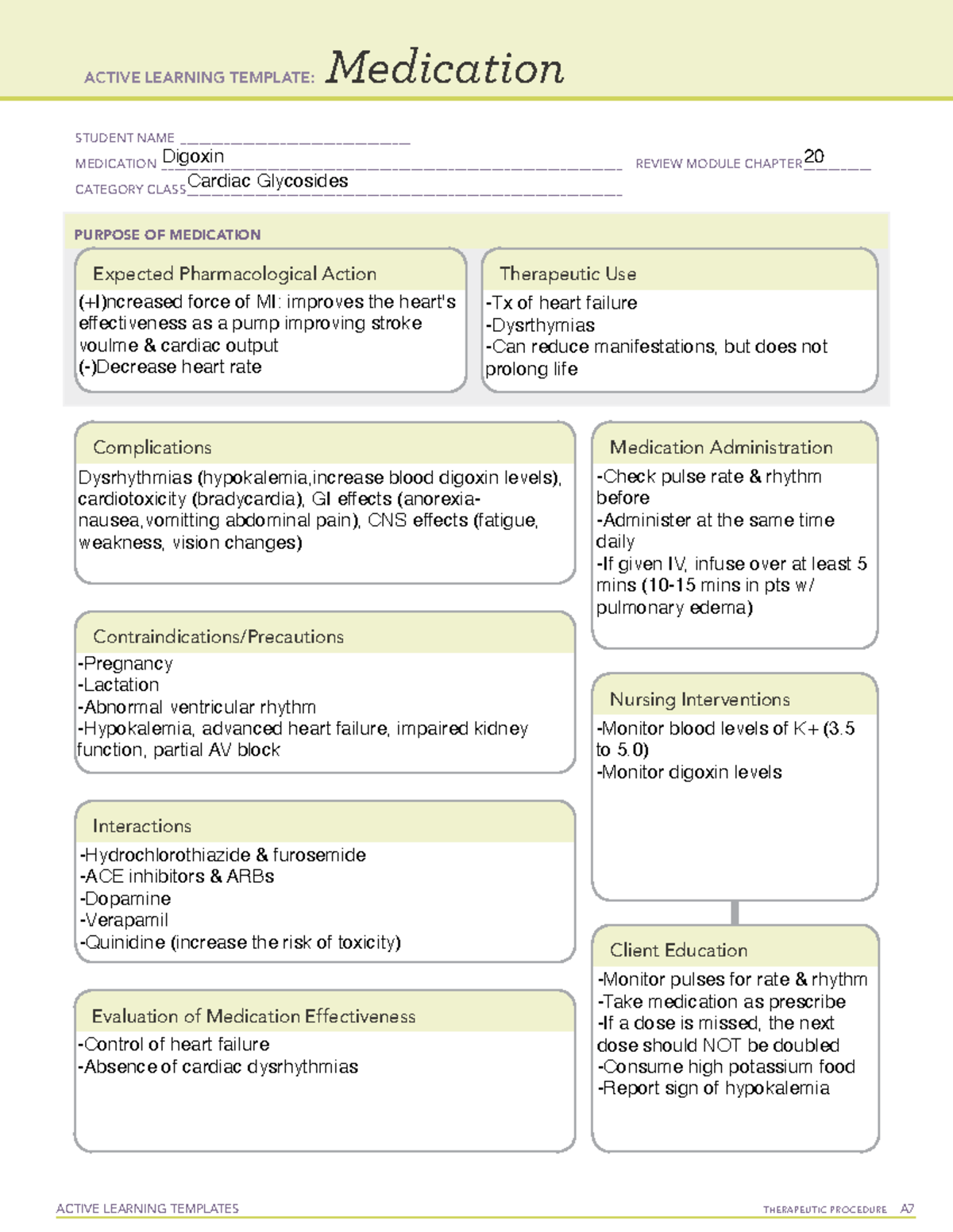 Digoxin Medication Overview Template - Active Learning Module - Studocu