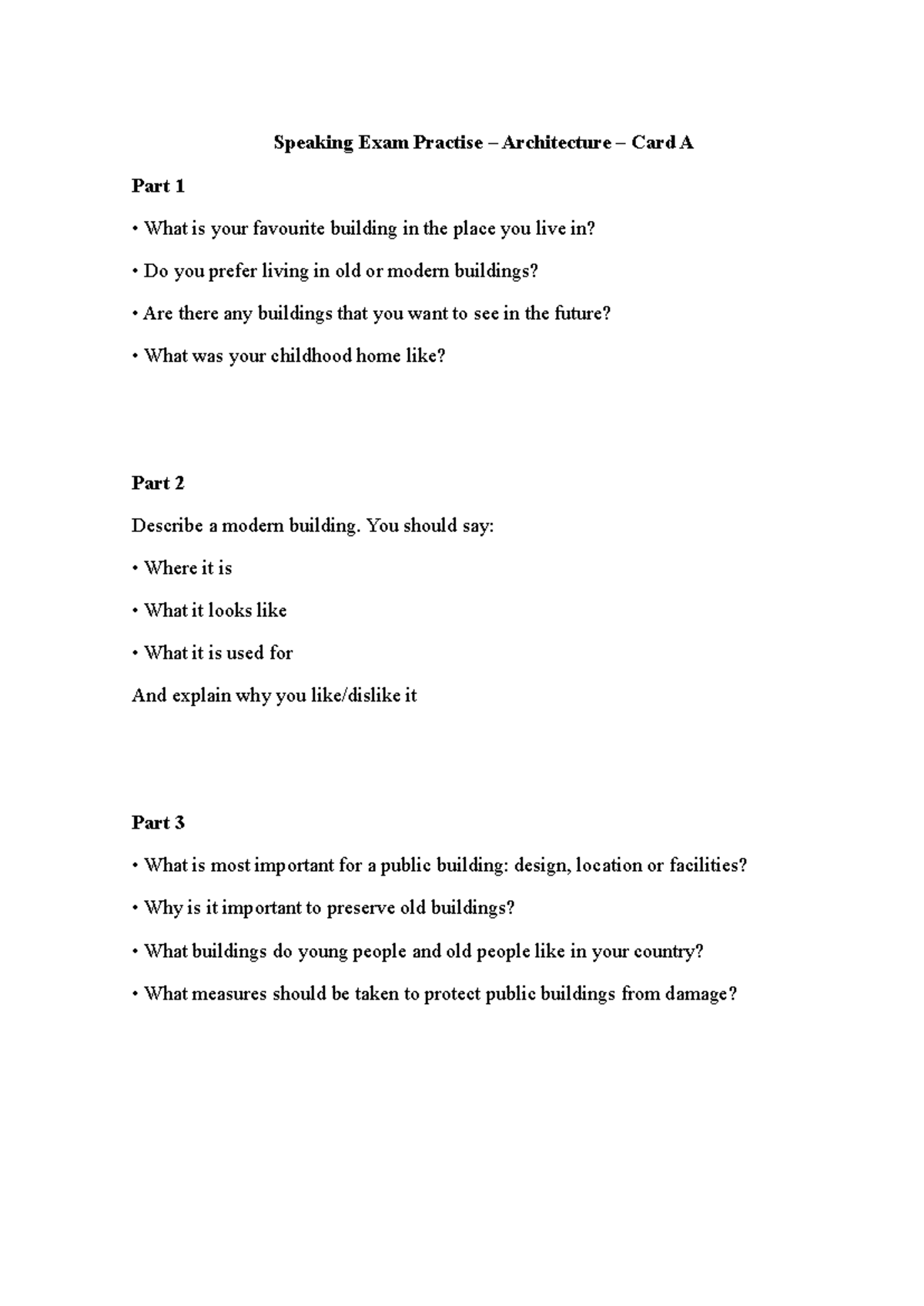 CARD A Architecture IE 3 Speaking Exam Practice Guide - Studocu