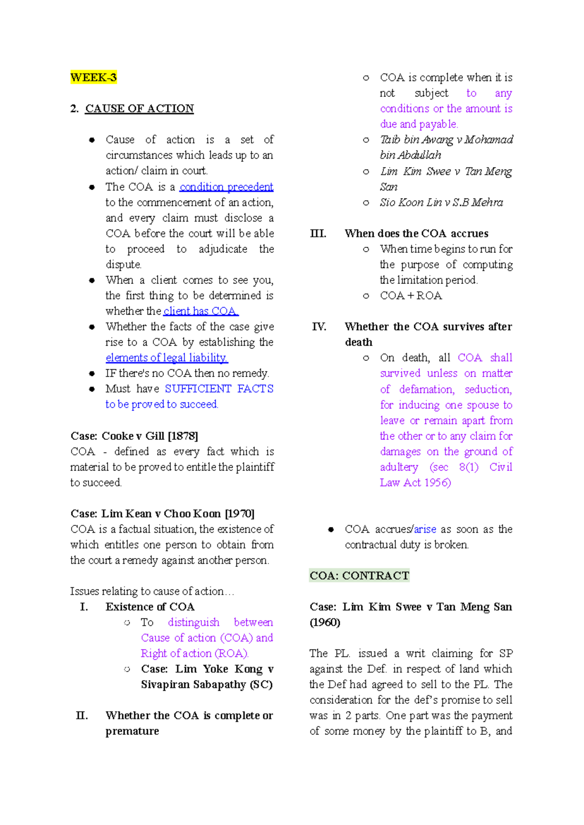 LAW602 Cause of Action Notes - Key Cases & Principles - Studocu