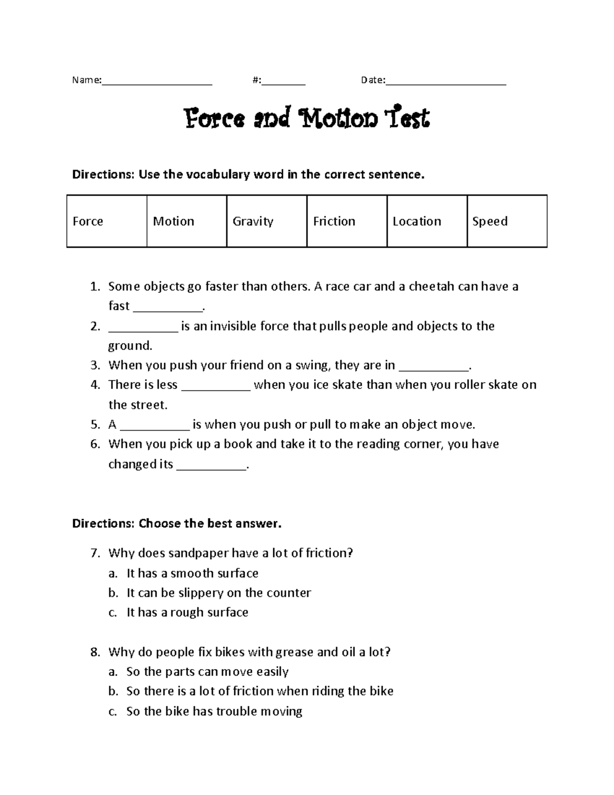Force and Motion Quiz for Science Class - Name ...