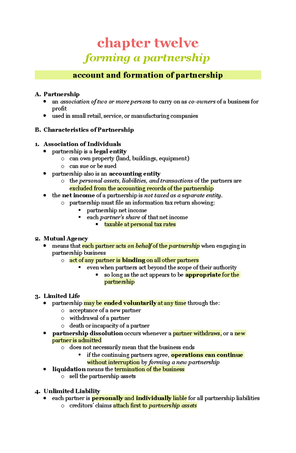 Chapter 12 - Partnership Lecture Notes - chapter twelve forming a ...