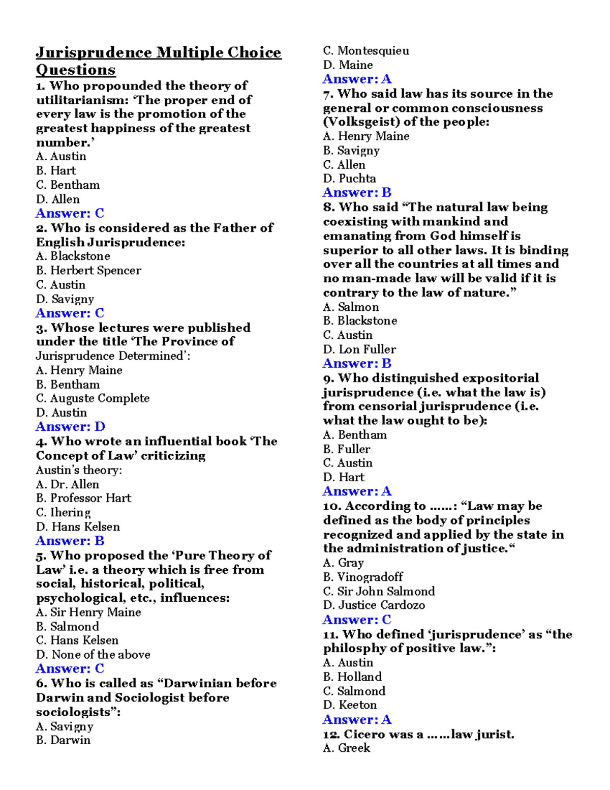 Jurisprudence MCQs for LLM: Key Concepts & Theories Exam Prep - Studocu