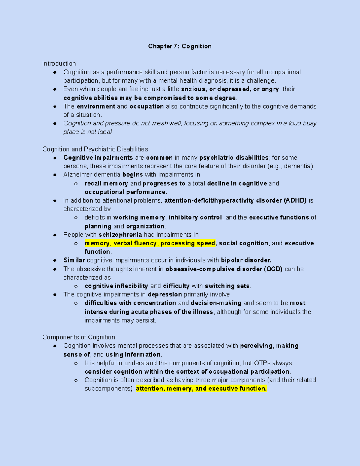 Cognition and Occupational Therapy: Chapter 7 Overview (OT 101) - Studocu