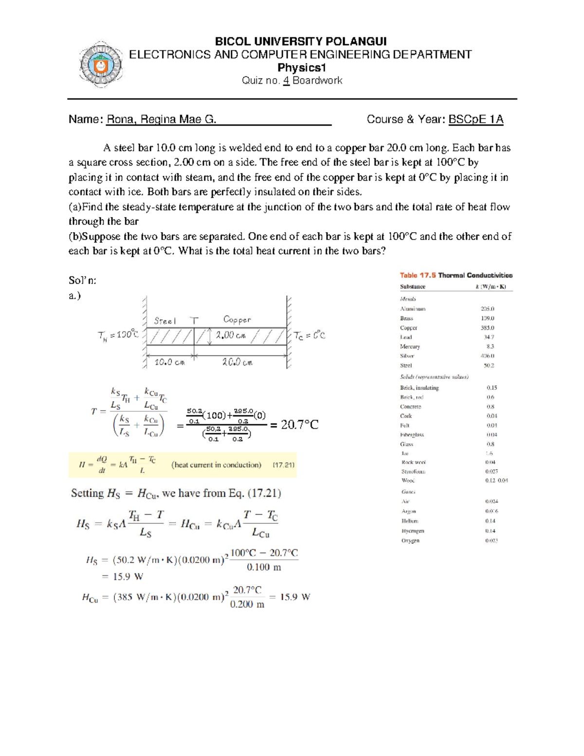 BICOL UNIVERSITY BSCpE 1A Physics 1 Quiz No. 4: Thermodynamics Concepts - Studocu