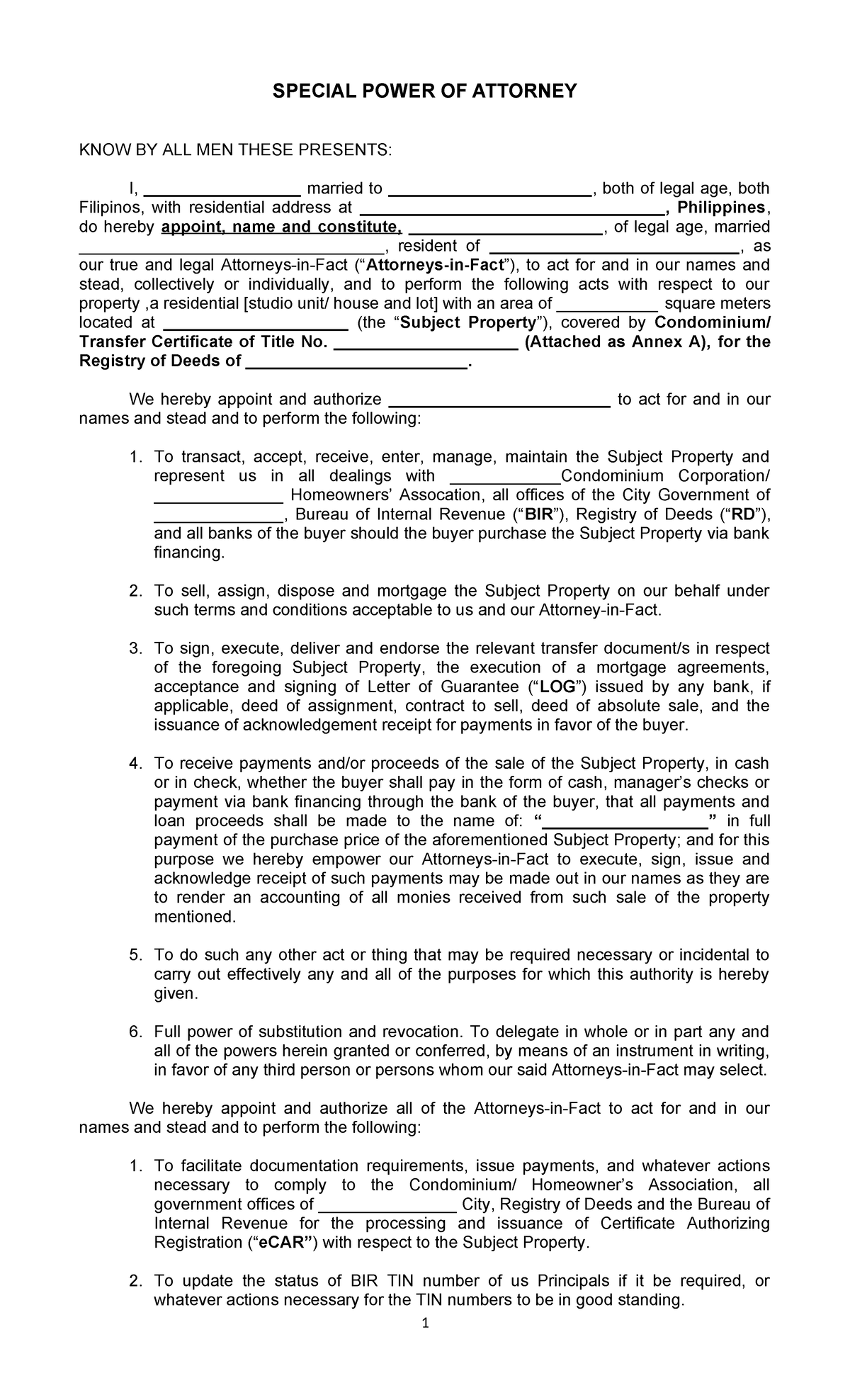 SPA Template for Property Transactions in the Philippines - Studocu