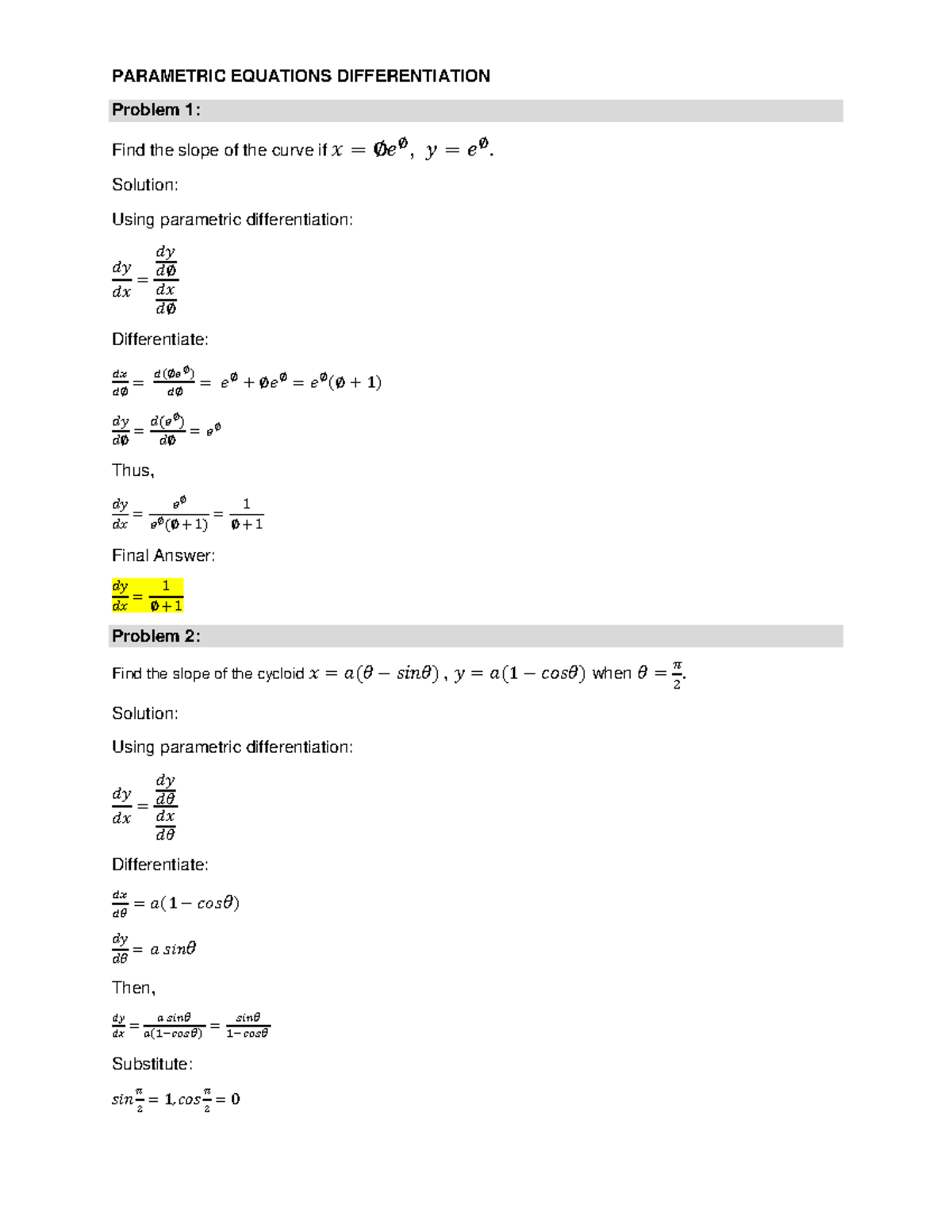 Parametric Equations Differentiation: Slope & Tangent Analysis - Studocu