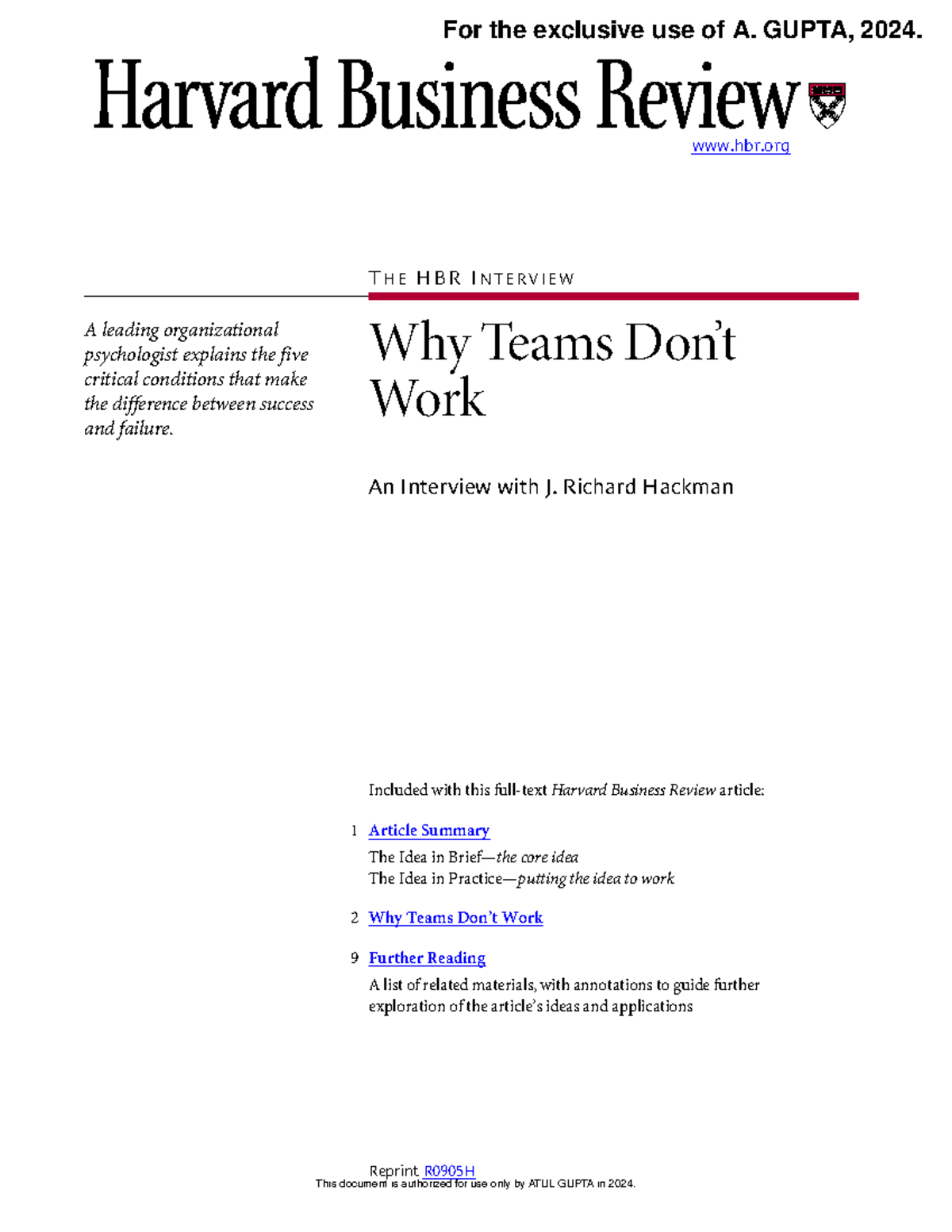 HBR Interview: Why Teams Work - Insights from J. Richard Hackman - Studocu