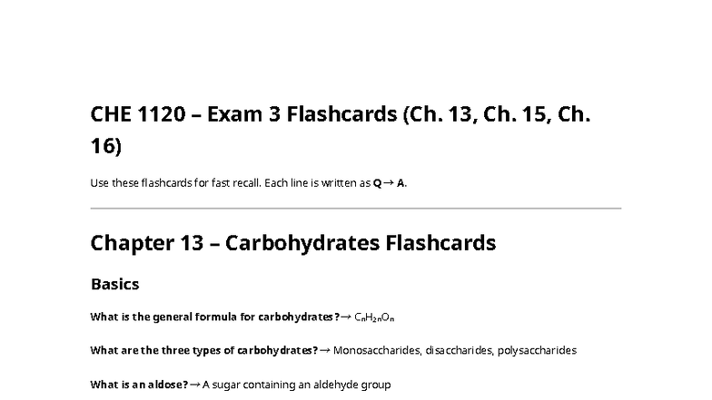 CHE 1120 Exam 3 Flashcards: Carbs, Lipids, & Proteins Overview - Studocu