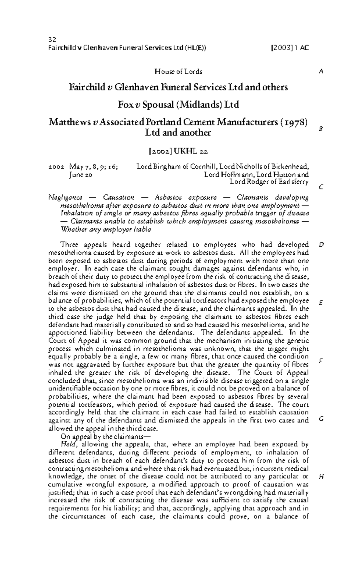 Case Study: Fairchild v Glenhaven Funeral Services Ltd [2003] 1 AC 32 ...