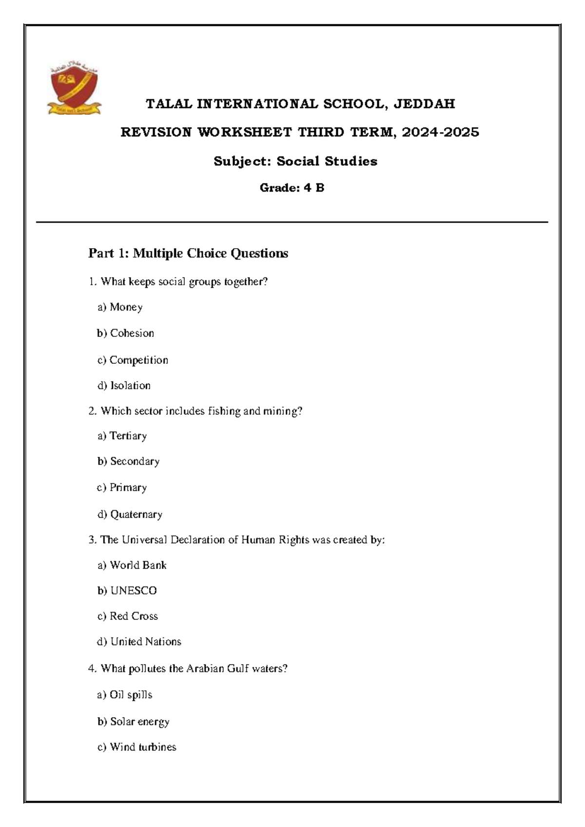 Social Studies Grade 4B Revision Worksheet - Term 3 - Studocu