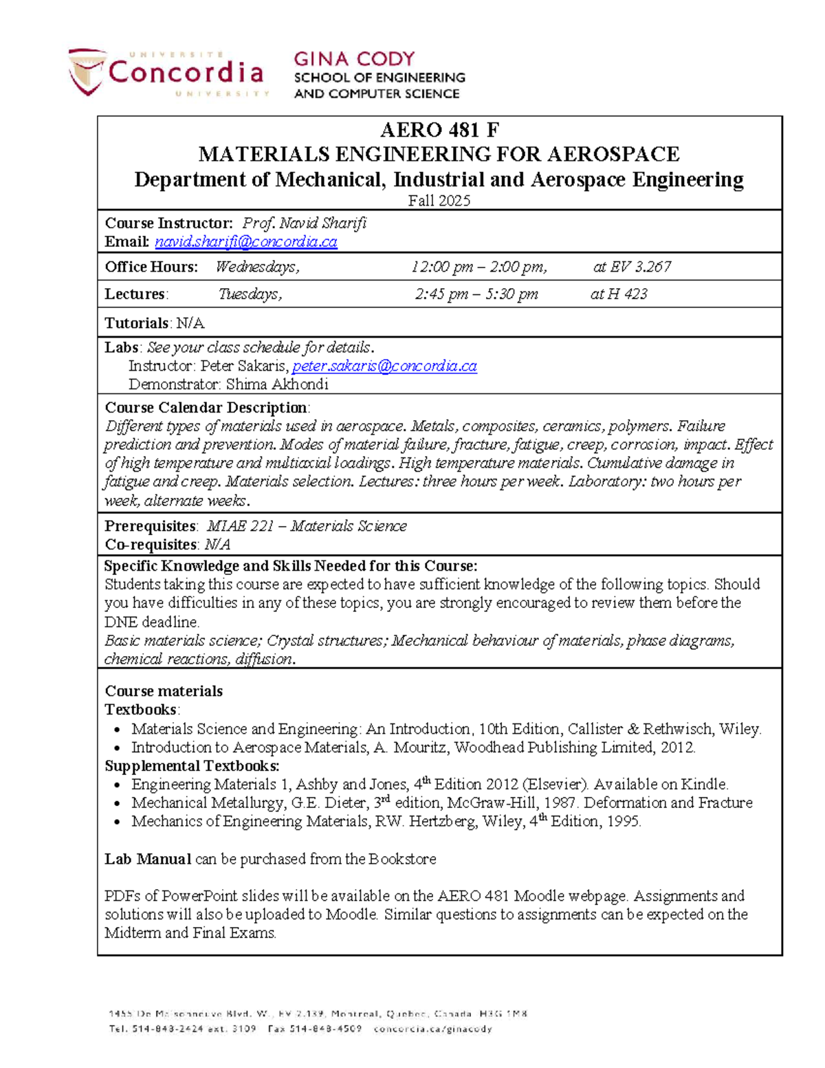 AERO 481 F: Course Outline for Materials Engineering in Aerospace - Studocu
