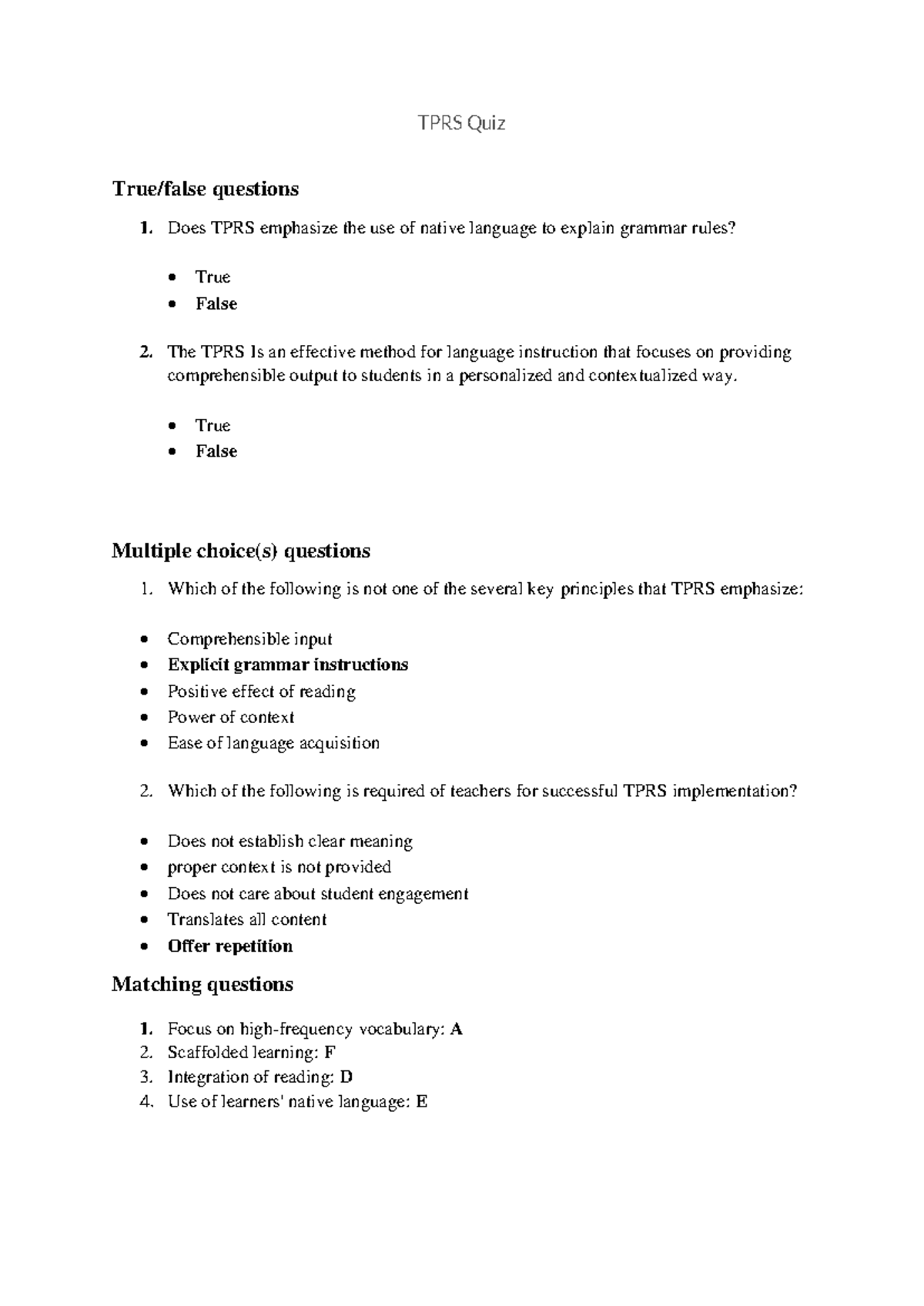 TPRS Quiz TEFL: Key Principles and Concepts Explained - Studocu