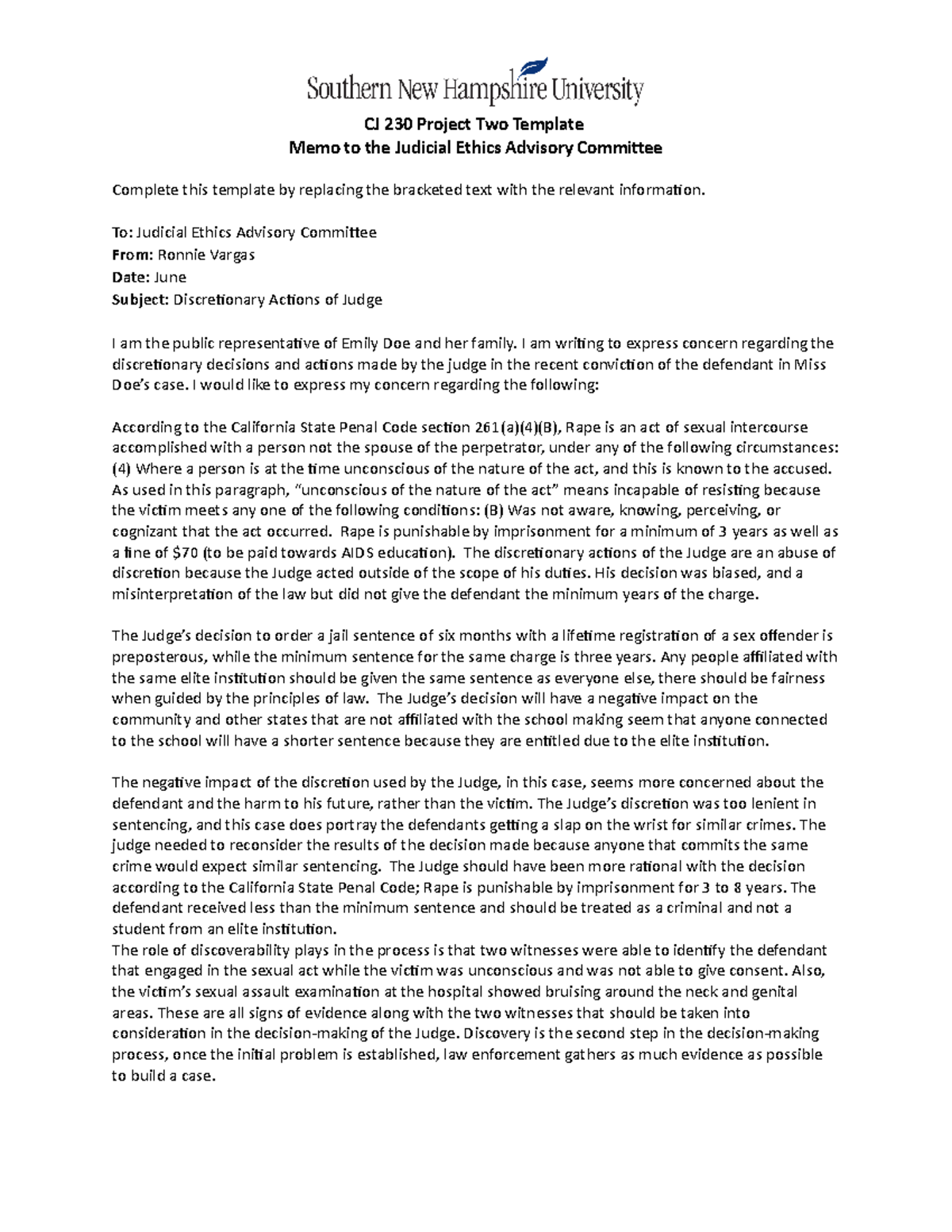 CJ 230 Project Two: Memo on Judicial Discretion and Ethics - Studocu