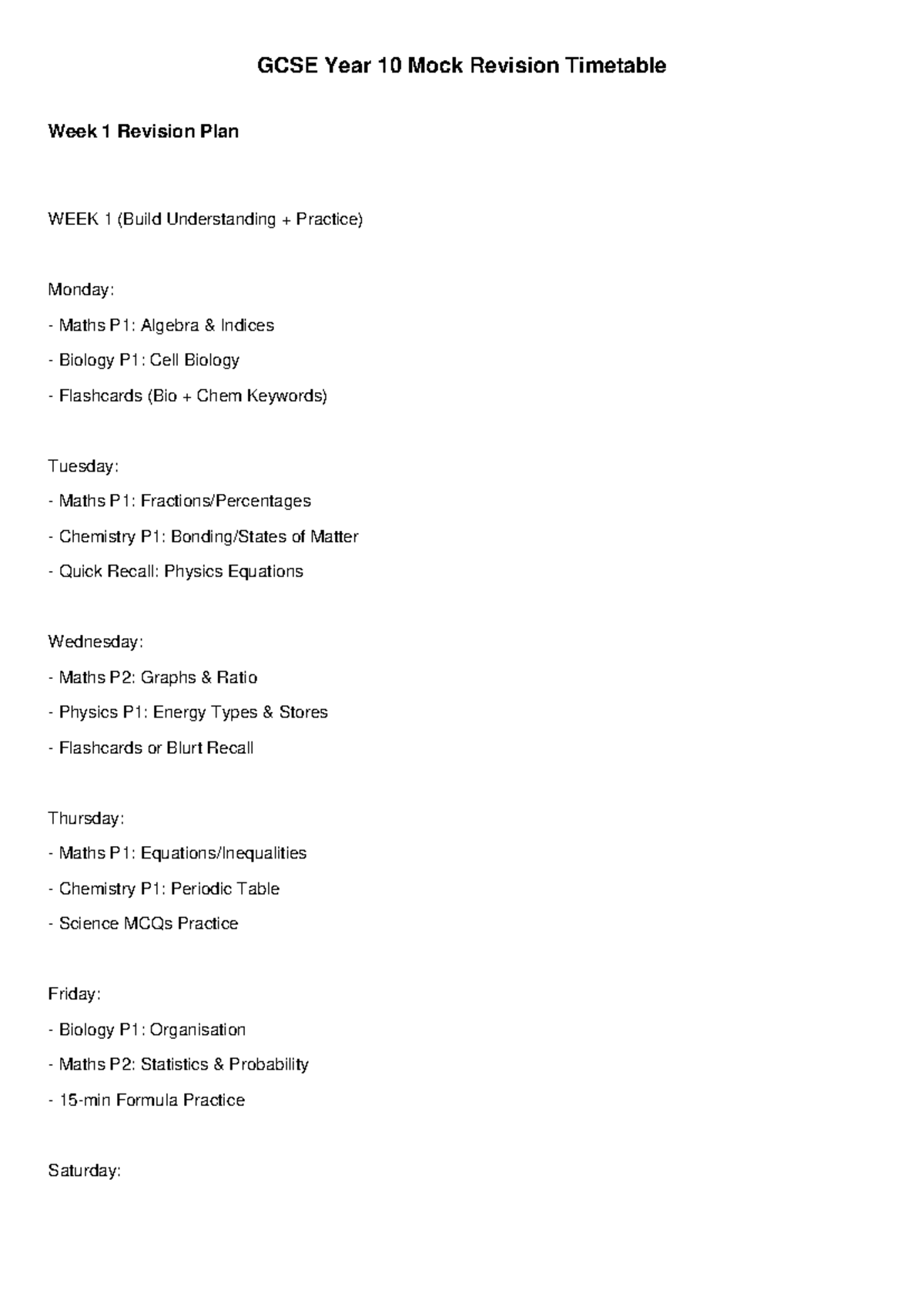 GCSE Year 10 Mock Revision Timetable: Weeks 1 & 2 Plan - Studocu