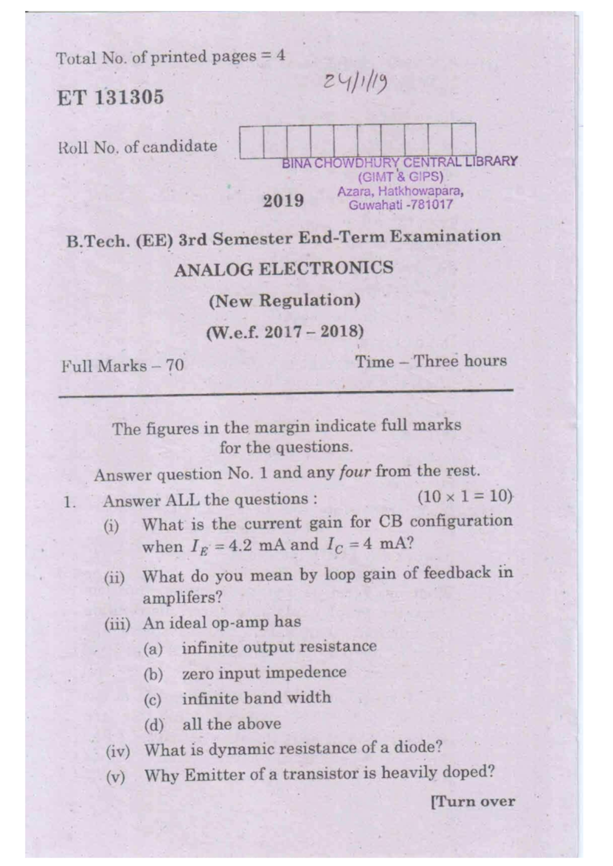 Analog Electronics ET 131305 3rd Sem Exam Paper 2019 - Studocu