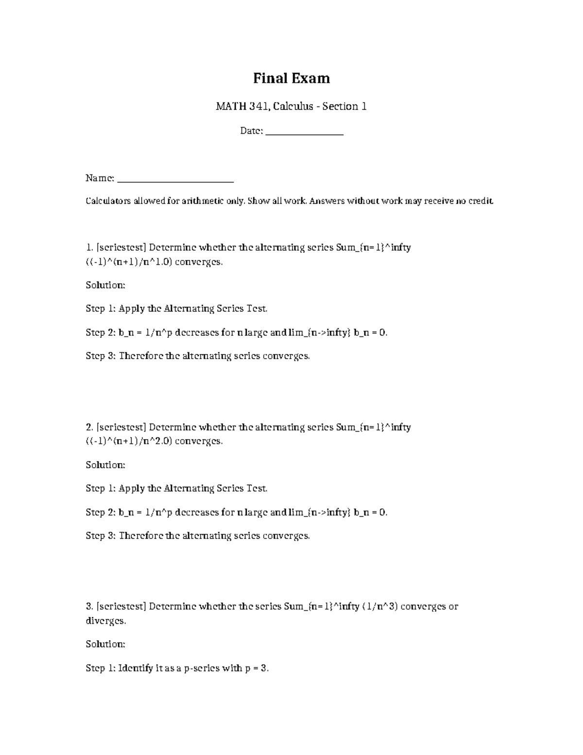 Final Exam Solutions for MATH 341: Series Convergence Tests - Studocu